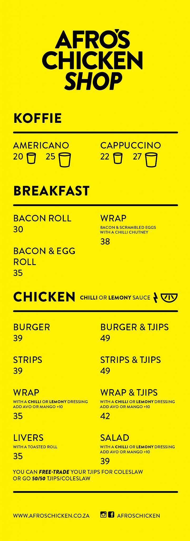 Menu at Afro's Chicken Shop (Florida Rd) restaurant, Berea, 233 Florida Rd
