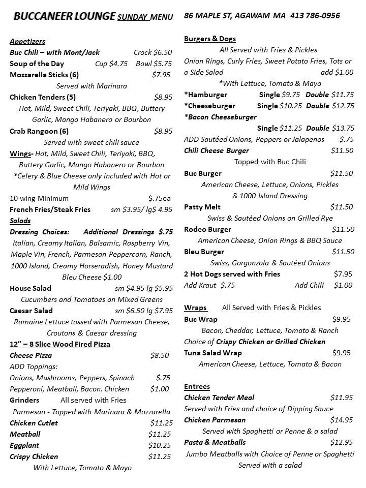 Menu at Buccaneer Lounge pub & bar, Agawam