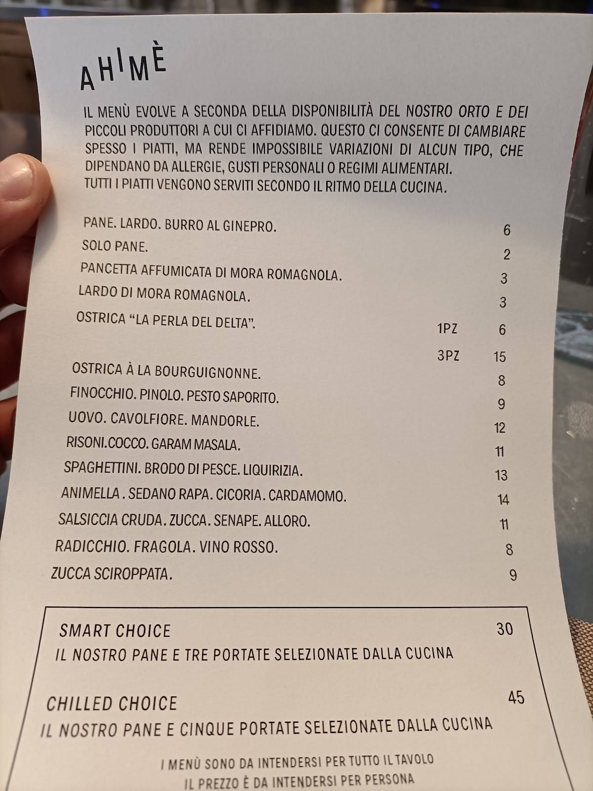 Menu at Ahimè restaurant, Bologna, Via S. Gervasio