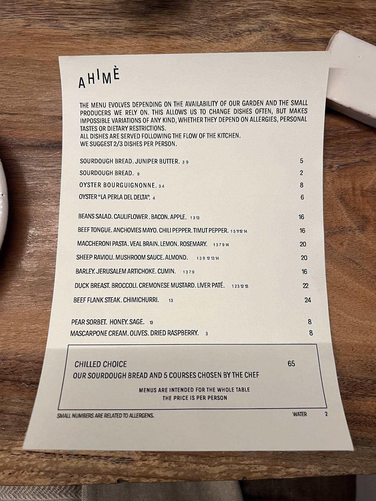 Menu at Ahimè restaurant, Bologna, Via S. Gervasio