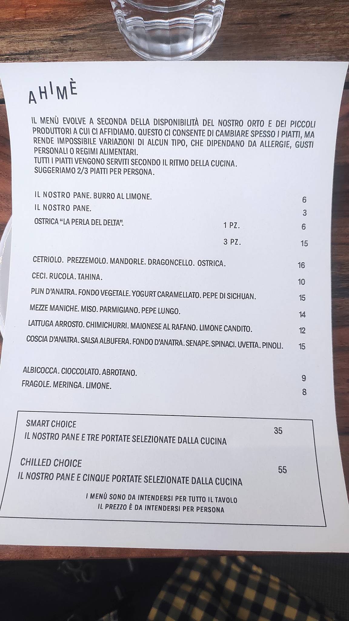 Menu at Ahimè restaurant, Bologna, Via S. Gervasio
