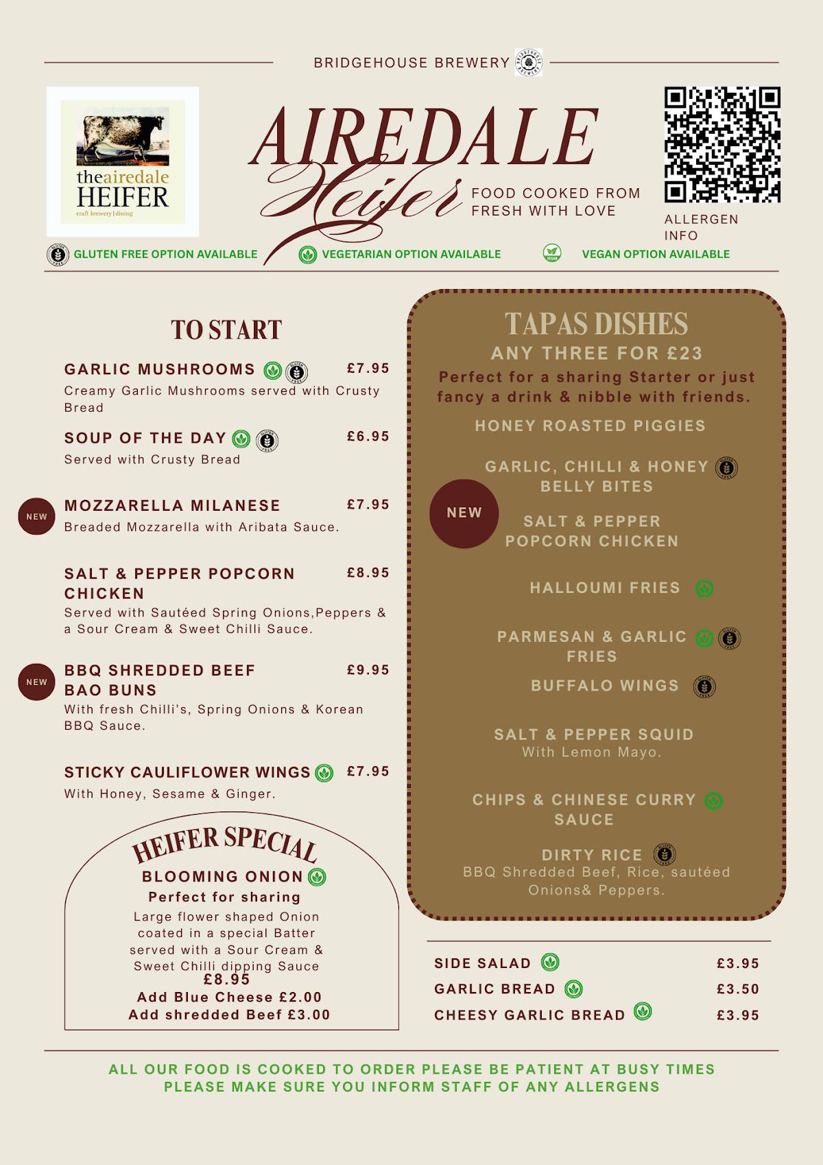 Menu at Airedale Heifer pub & bar, Keighley, Bradford Road