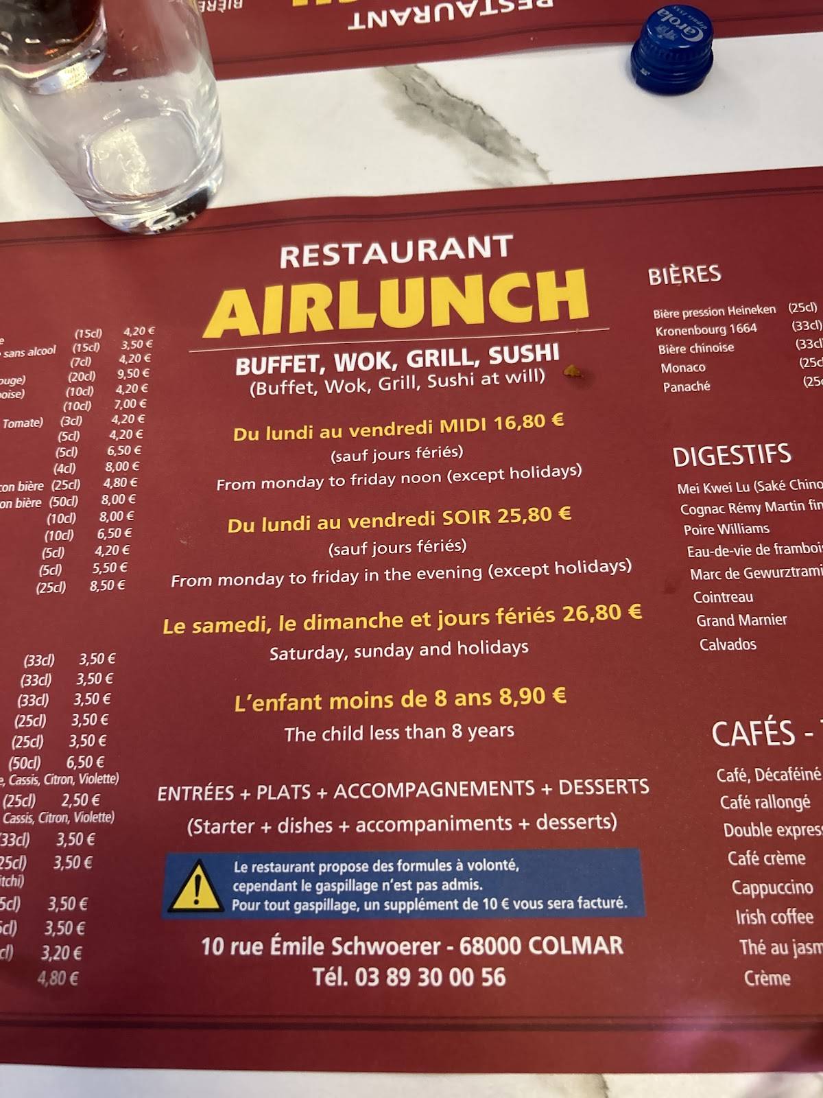 Menu au Airlunch restaurant, Colmar