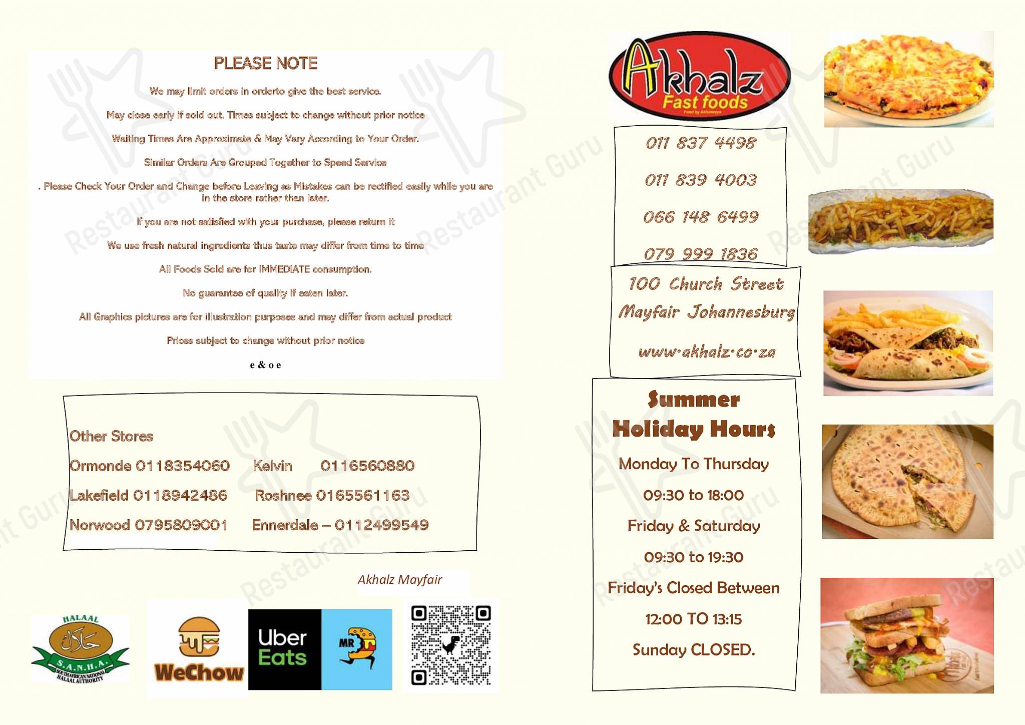 Menu at Akhalz Mayfair restaurant, Johannesburg, 100 Church St