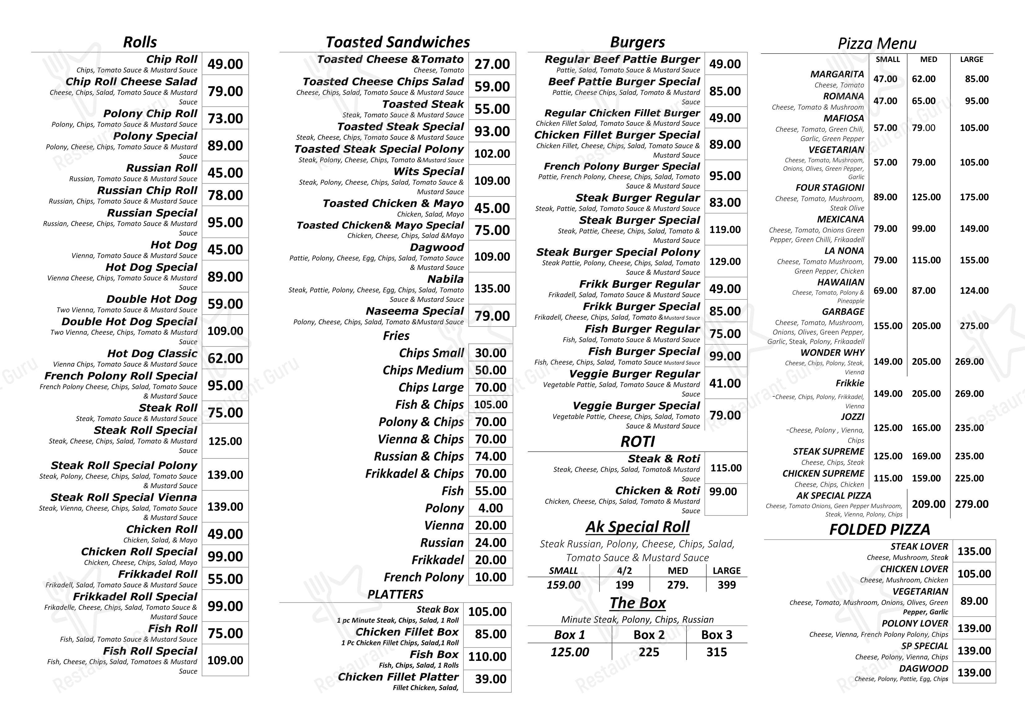 Menu at Akhalz Mayfair restaurant, Johannesburg, 100 Church St