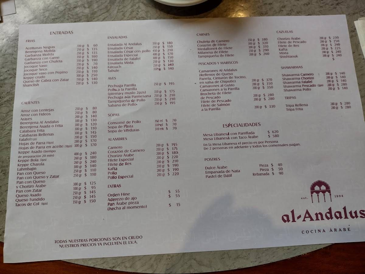 Carta del restaurante Al Andalus, Ciudad del México, Mesones 171 Nueva ...