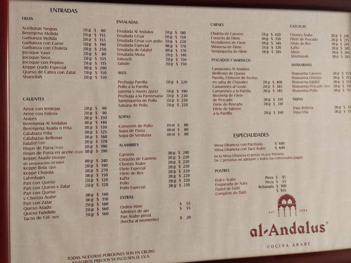 Carta del restaurante Al Andalus, Ciudad del México, Mesones 171 Nueva ...