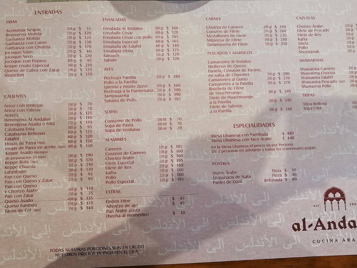 Carta del restaurante Al Andalus, Ciudad del México, Mesones 171 Nueva ...