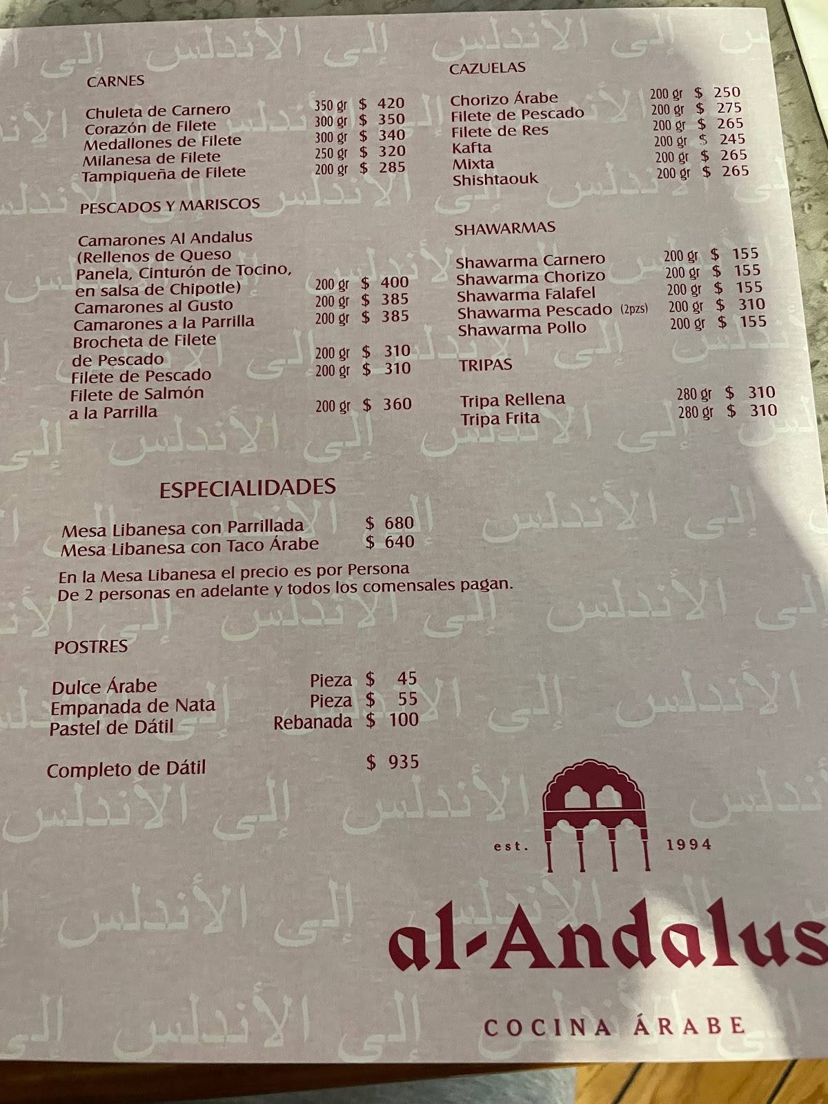 Carta del restaurante Al Andalus, Ciudad del México, Mesones 171 Nueva ...