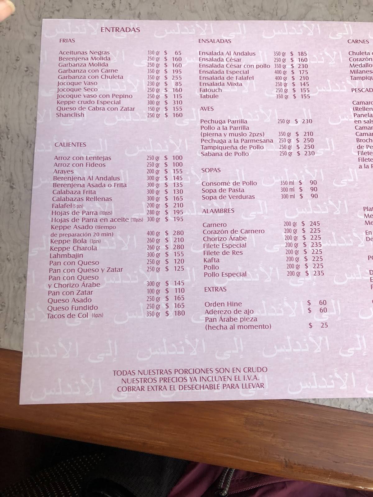 Carta del restaurante Al Andalus, Ciudad del México, Mesones 171 Nueva ...