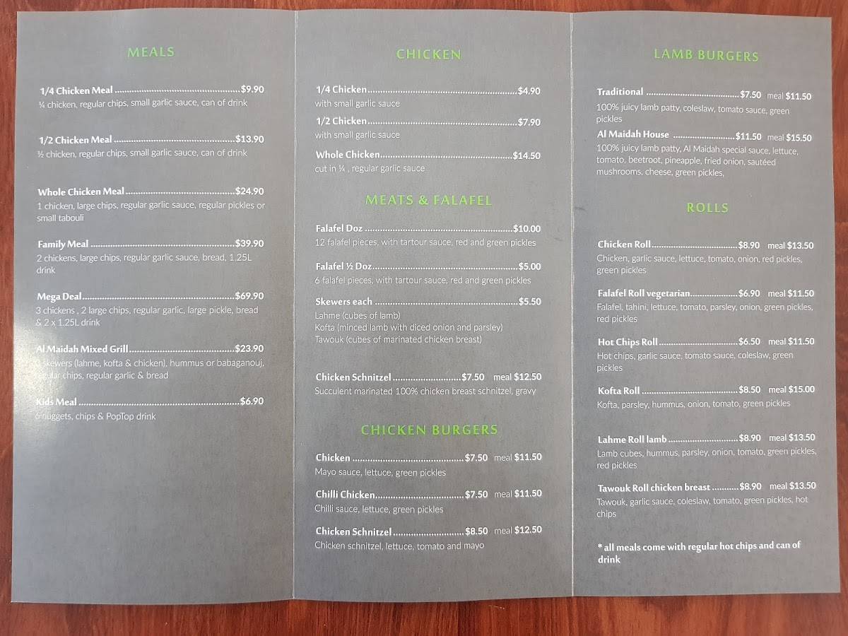 Menu at Al Maidah Charcoal Chicken and Lebanese Cuisine restaurant, Wollert