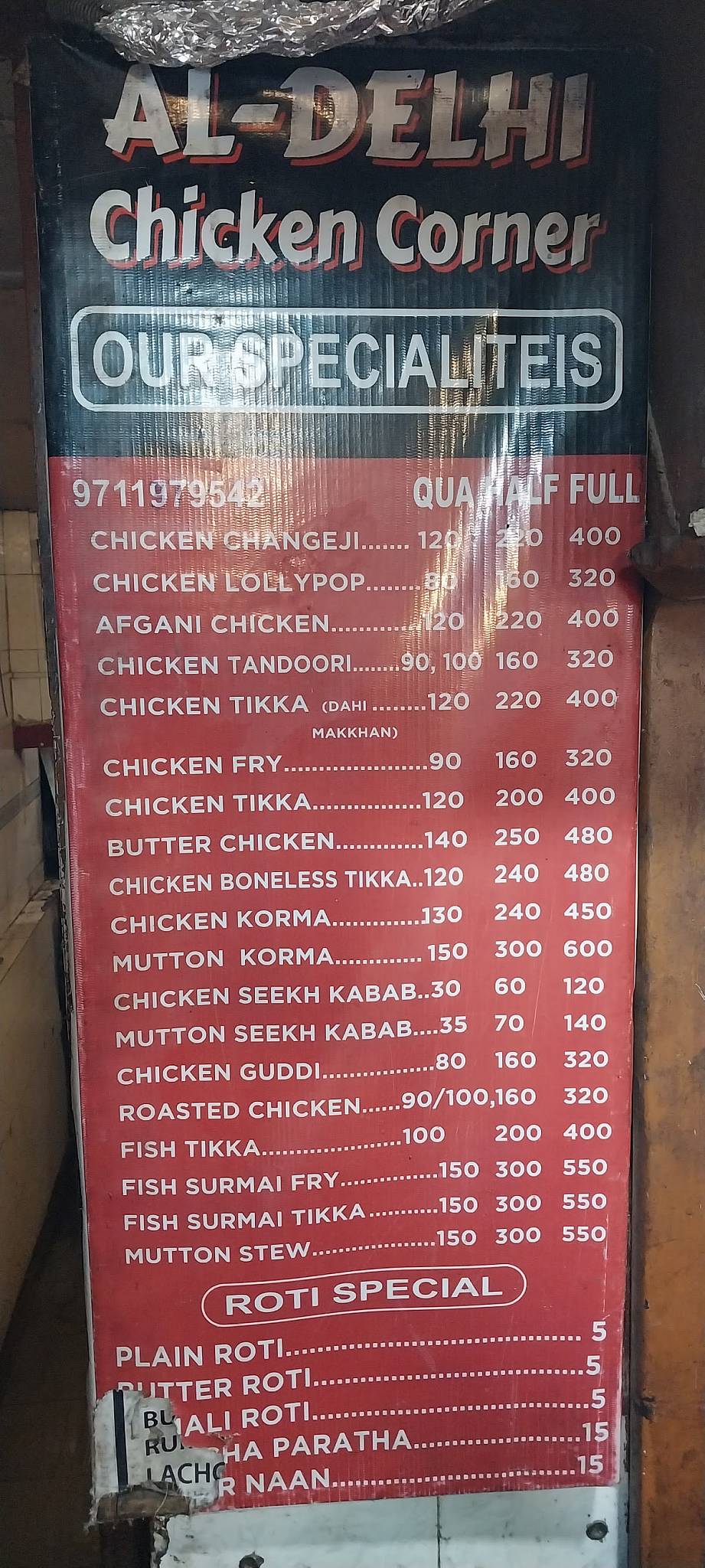 Menu at Al-delhi chicken corner, Delhi