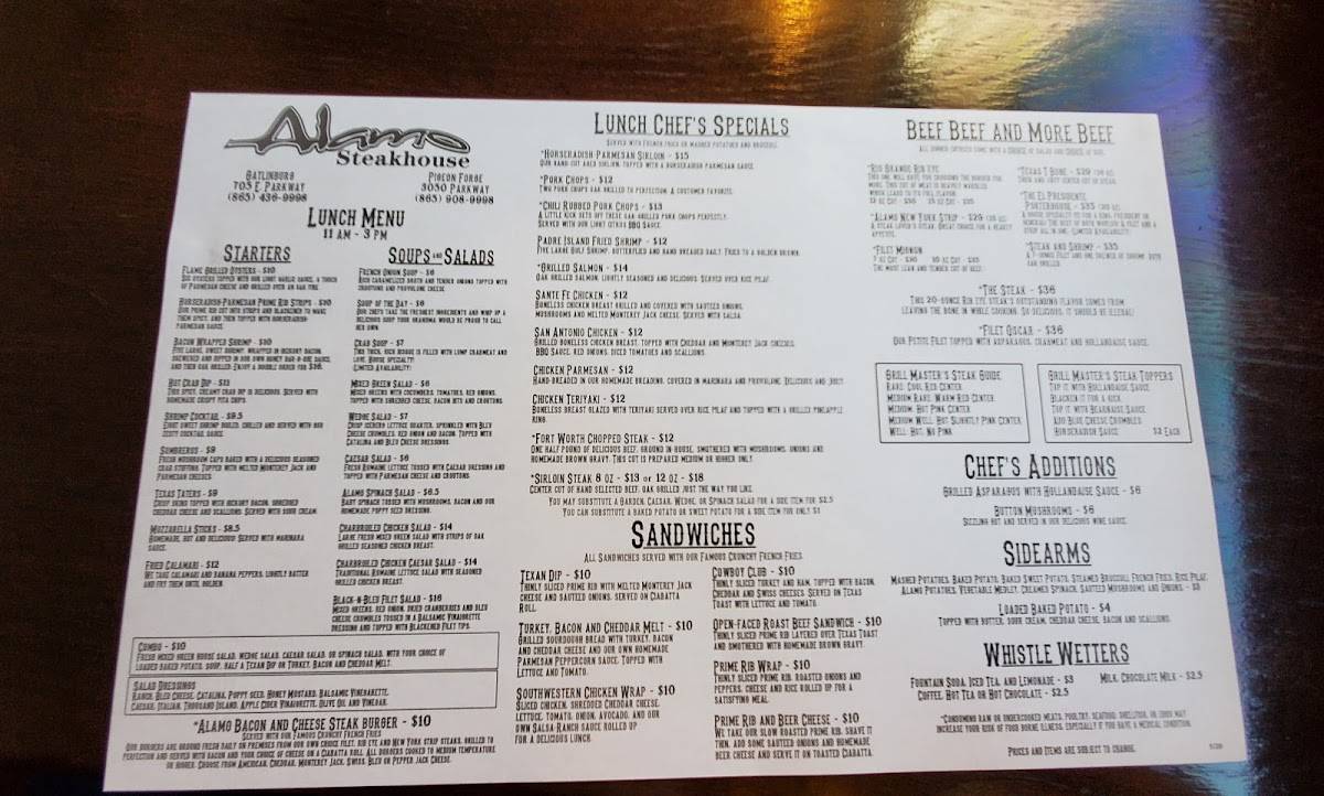 Menu at Alamo Steakhouse, Gatlinburg, 705 East Pkwy