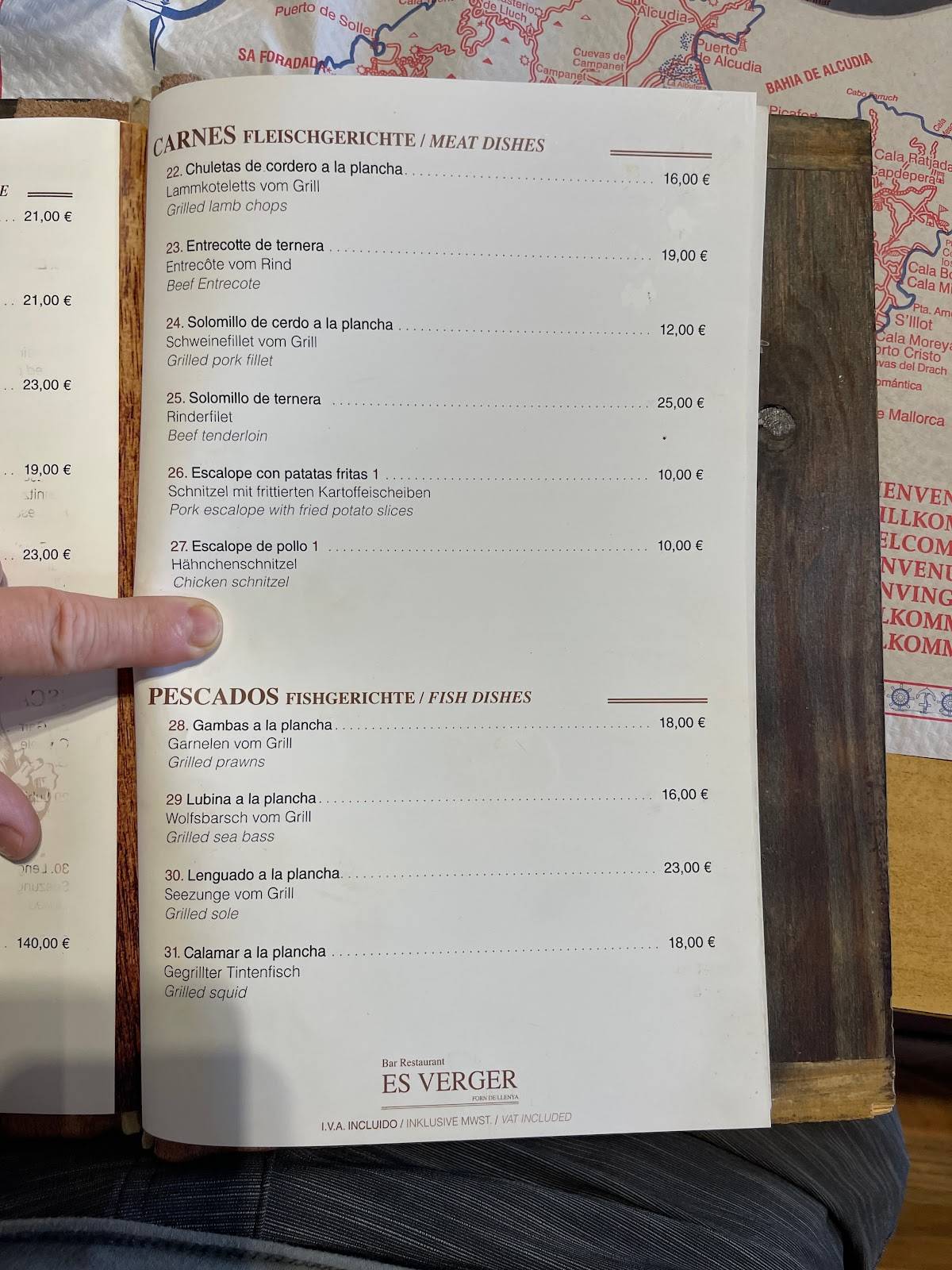 Carta del restaurante Es Verger, Alaró, PQHQ+P8