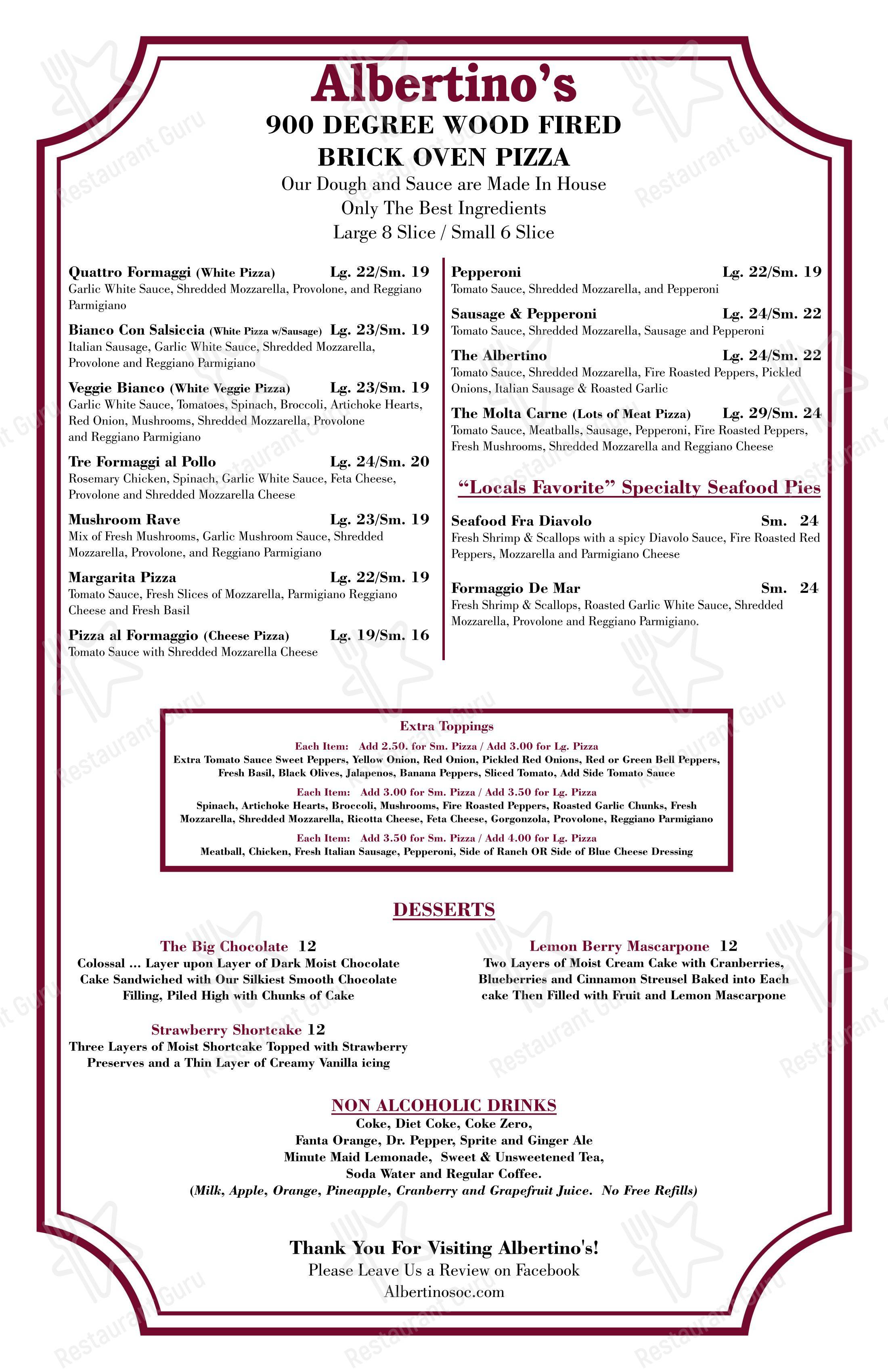 Menu at Albertino's Brick Oven Eatery pizzeria, Ocean City