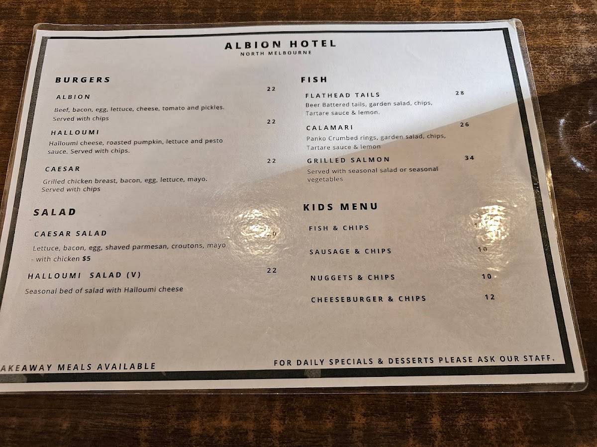 Menu at Albion Hotel North Melbourne pub & bar, North Melbourne, 171 ...
