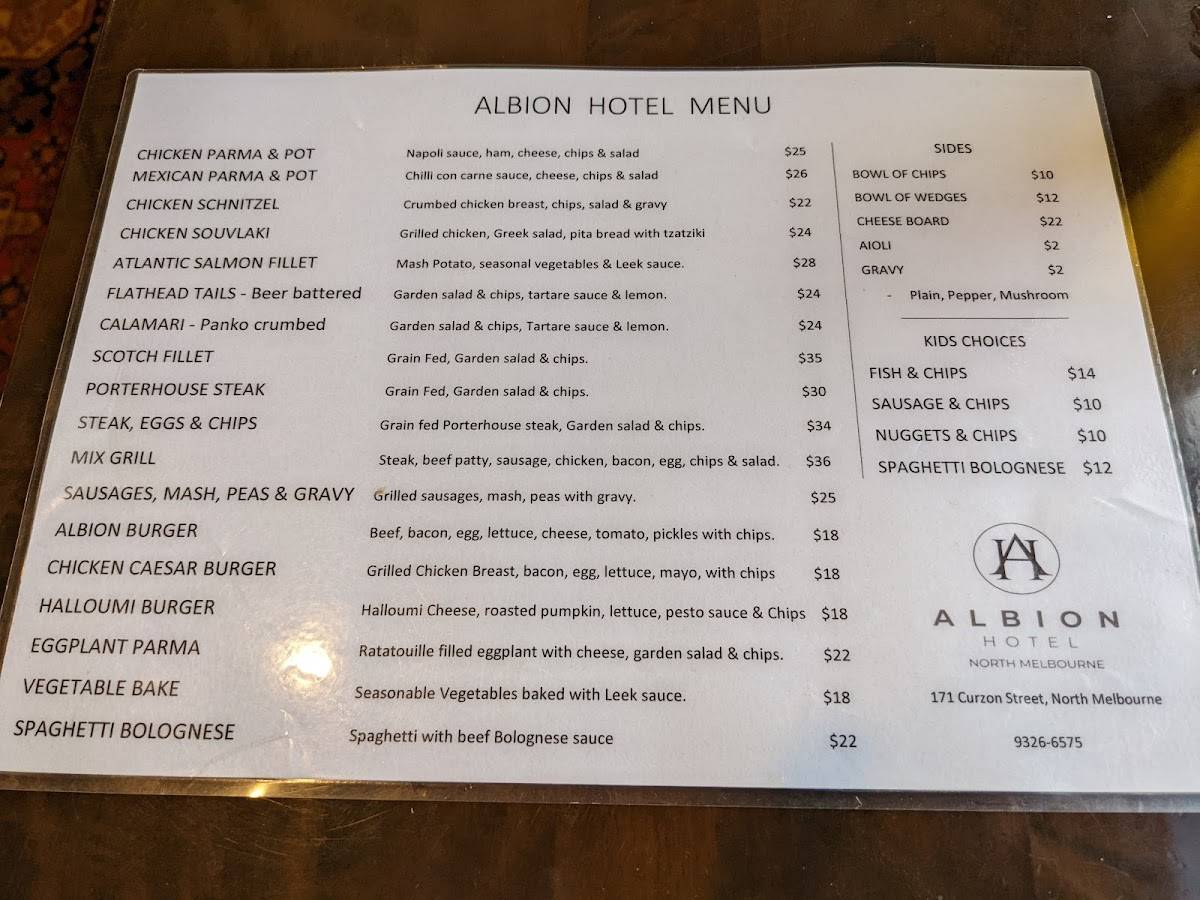 Menu at Albion Hotel North Melbourne pub & bar, Melbourne, 171 Curzon St