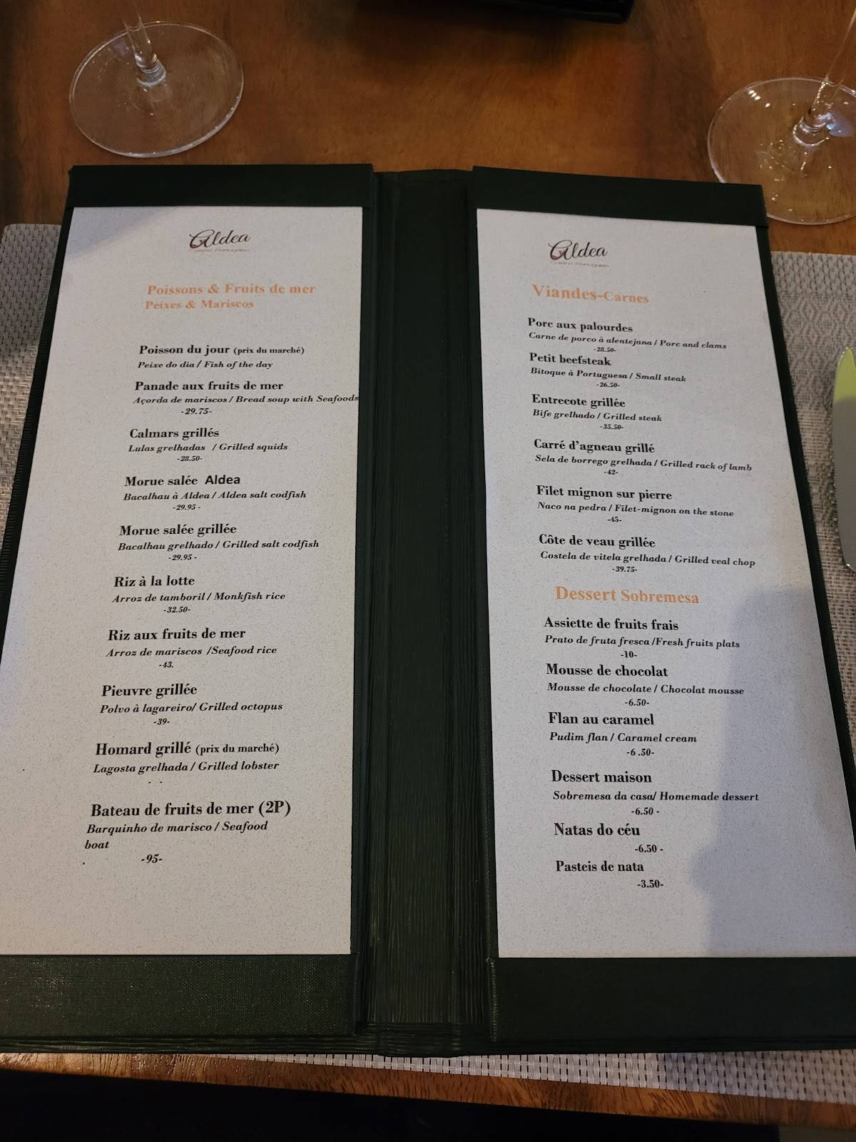 Menu at Aldea restaurant, Montréal