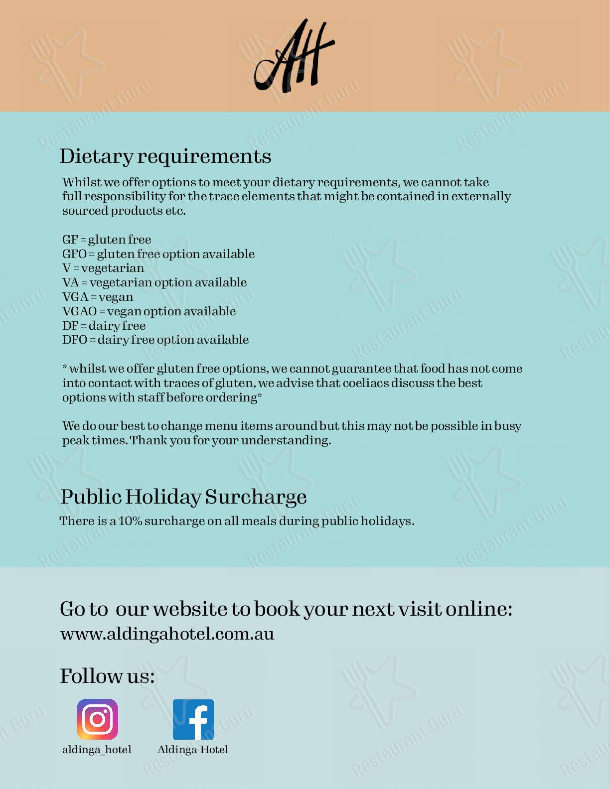 Menu at Aldinga Hotel pub & bar, Aldinga