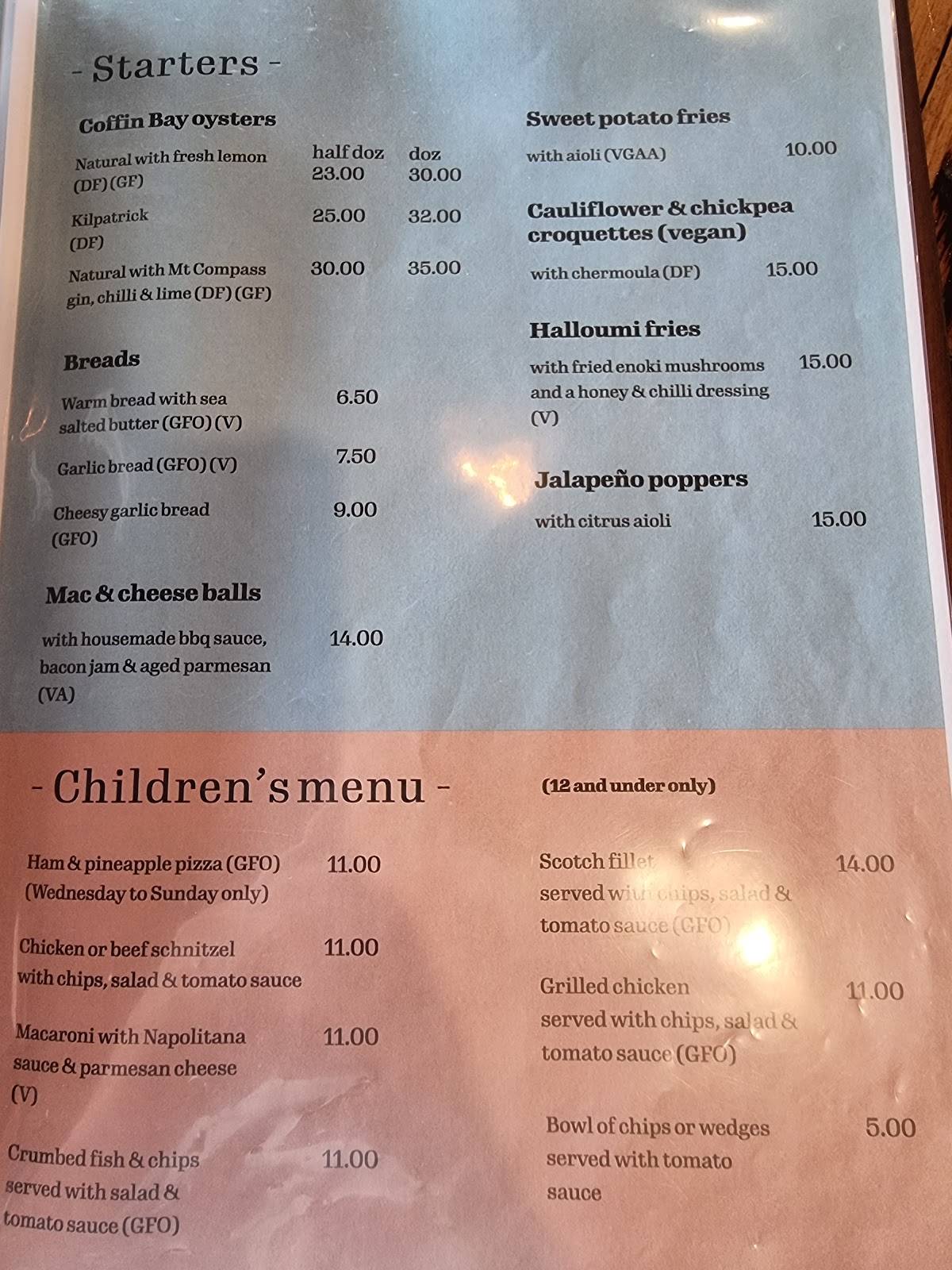Menu at Aldinga Hotel pub & bar, Aldinga