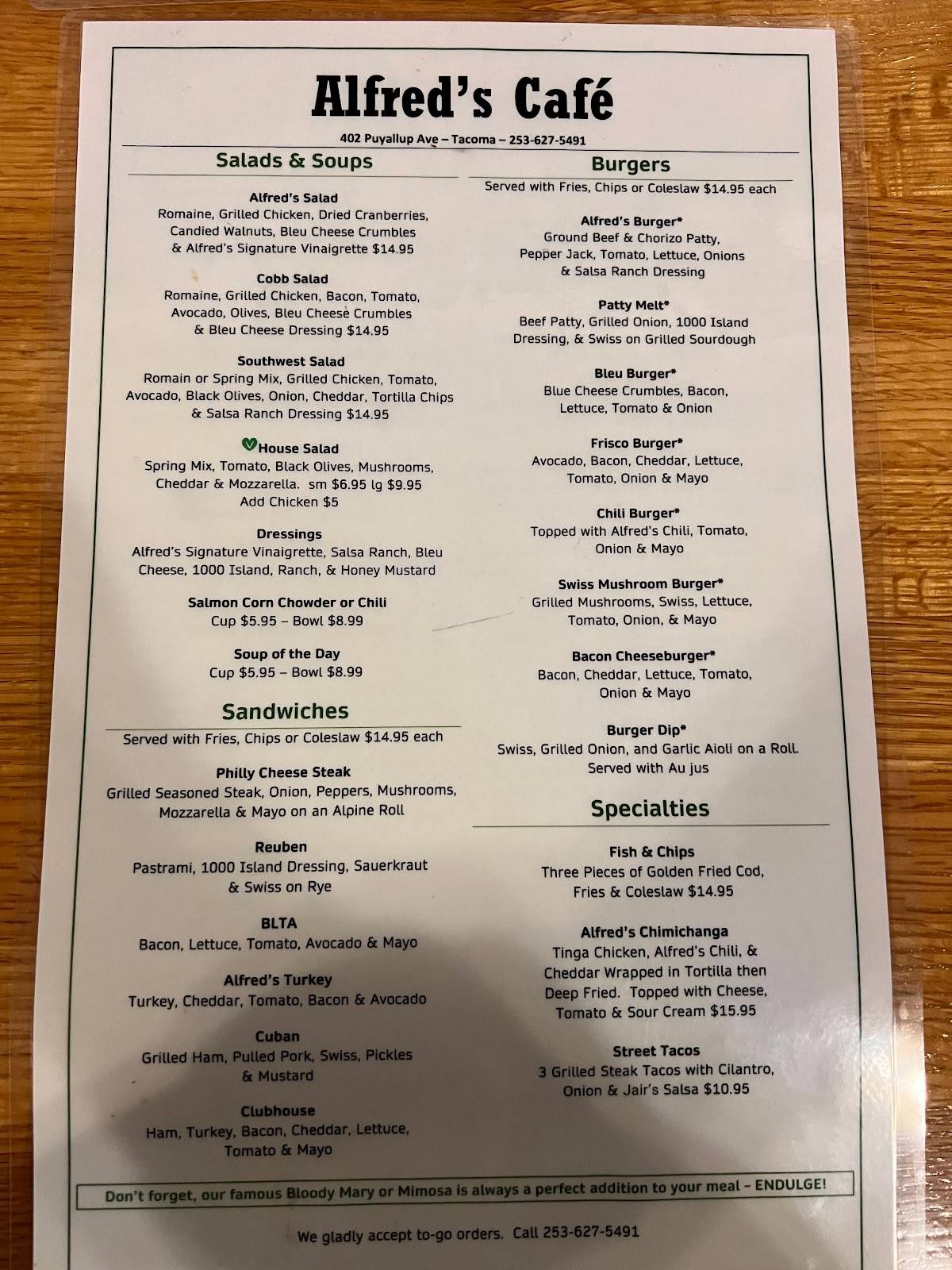 Menu at Alfred's Cafe, Tacoma