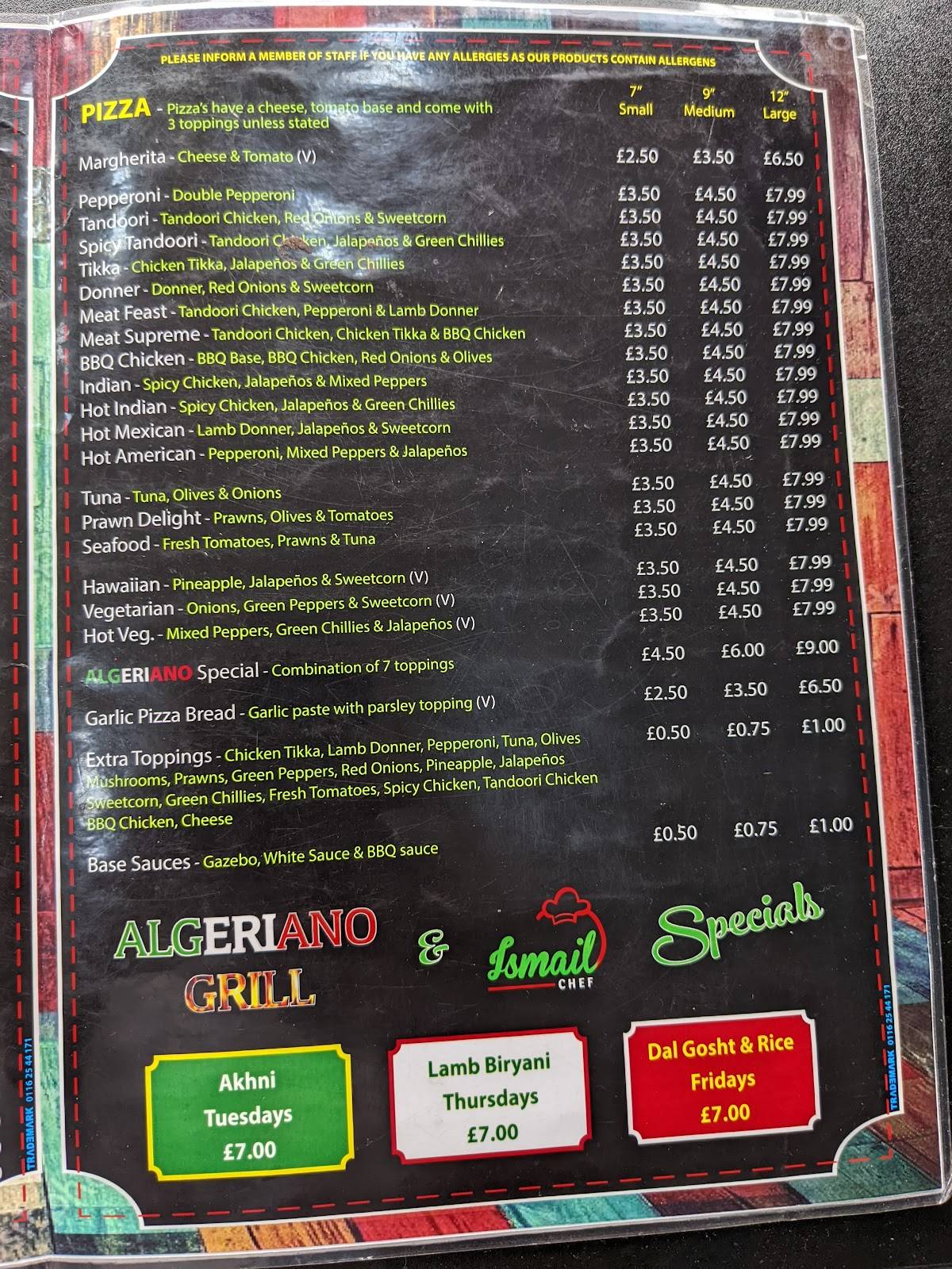 Menu at Algeriano Grill restaurant, Leicester