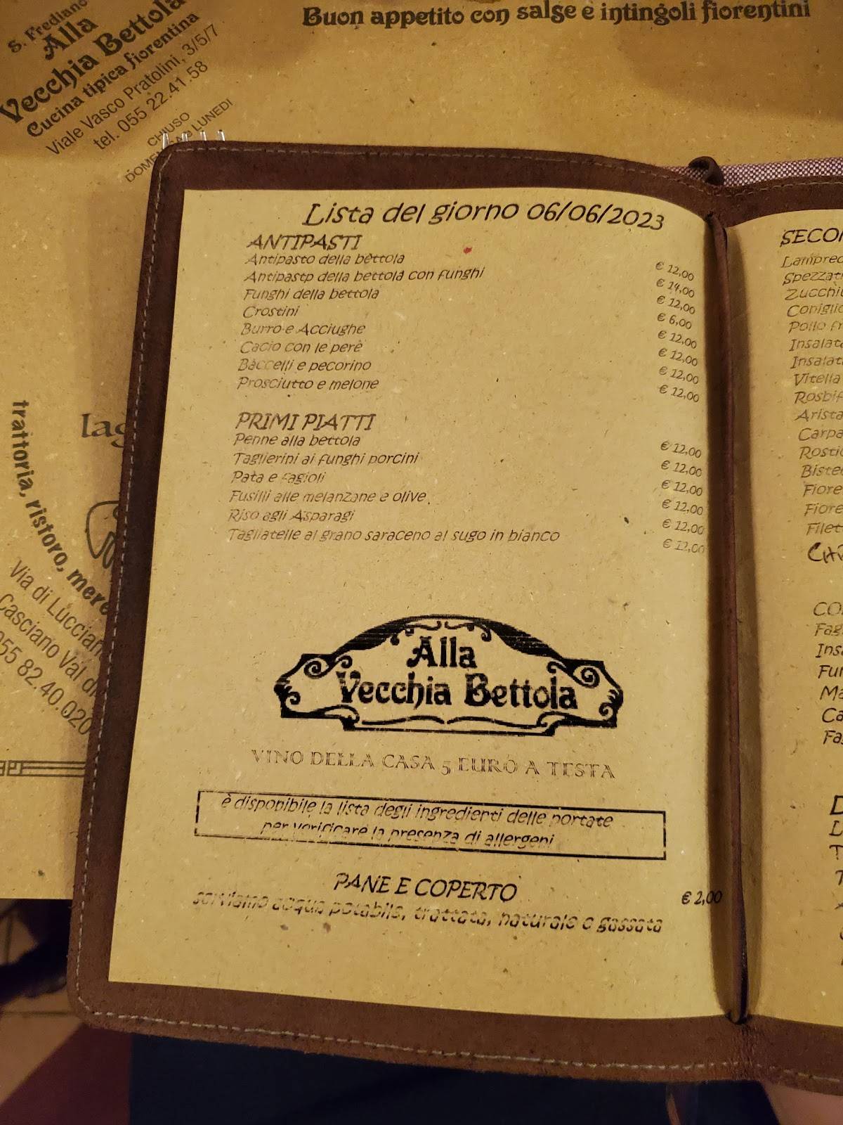 Menu at Alla Vecchia Bettola restaurant, Florence