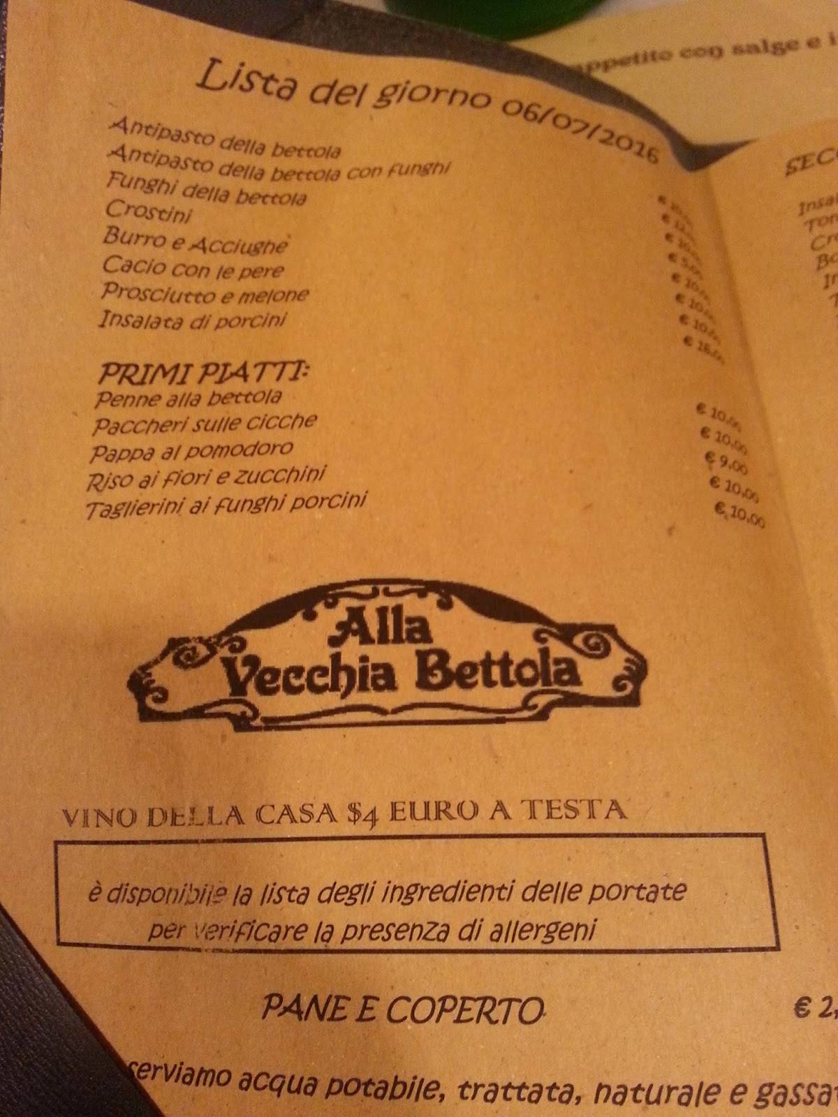 Menu at Alla Vecchia Bettola restaurant, Florence