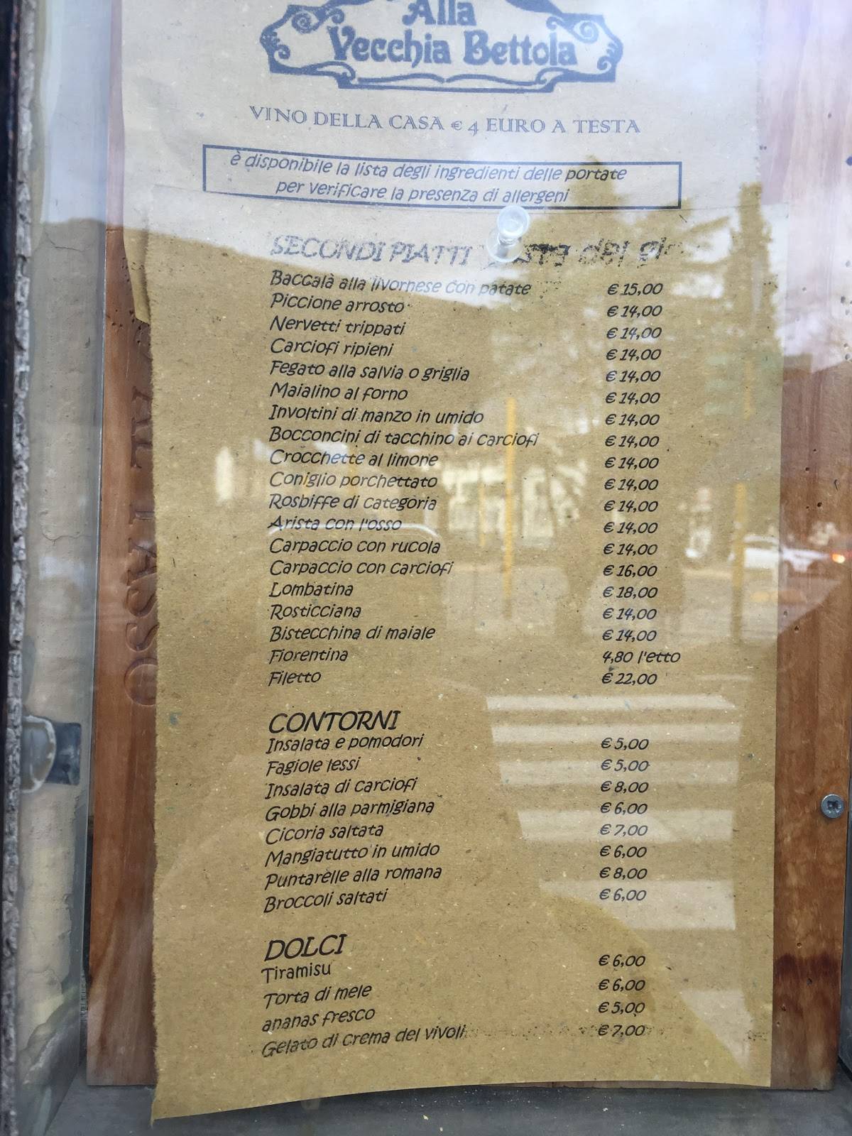 Menu at Alla Vecchia Bettola restaurant, Florence