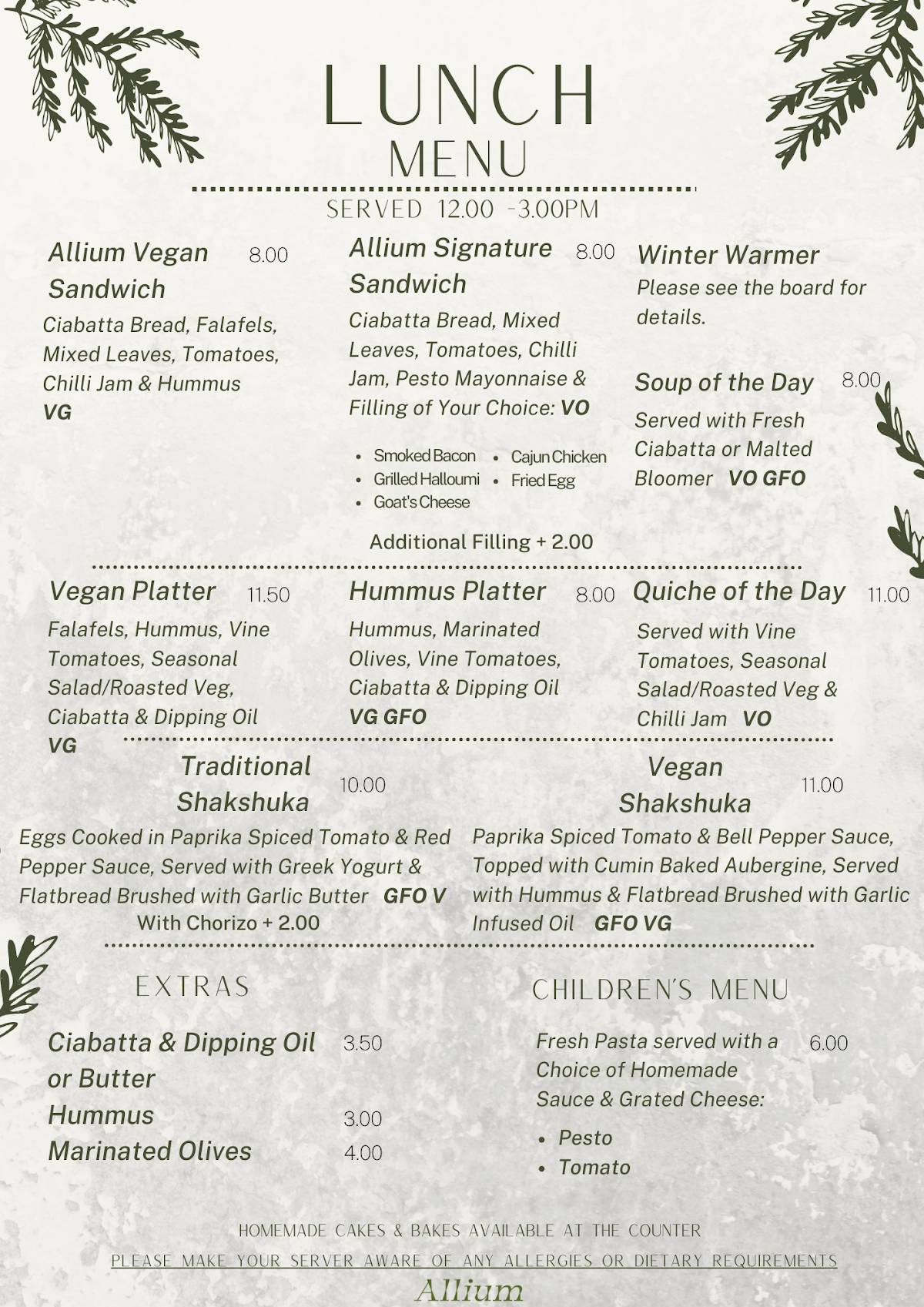Menu at Allium cafe, Tenby