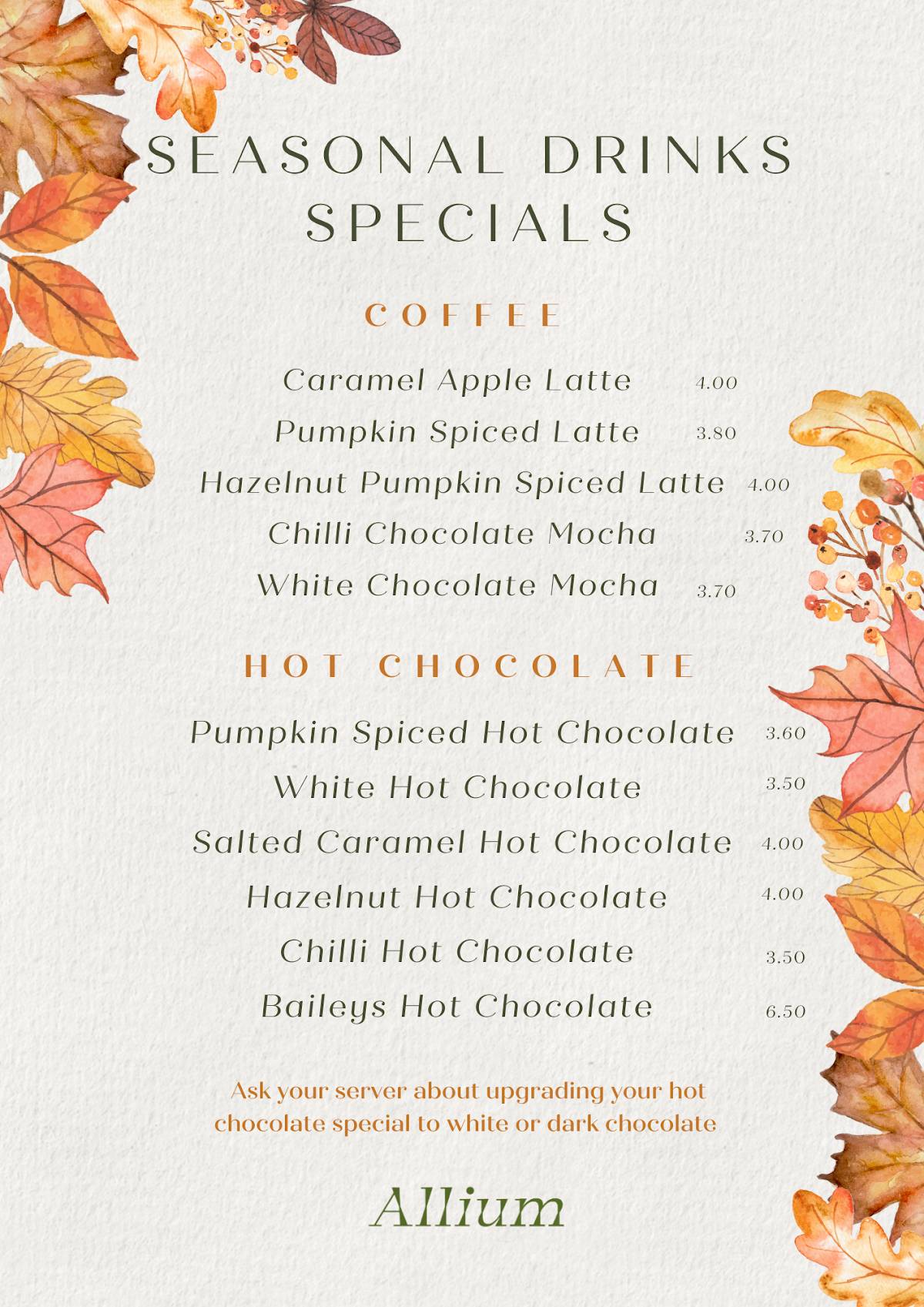 Menu at Allium cafe, Tenby