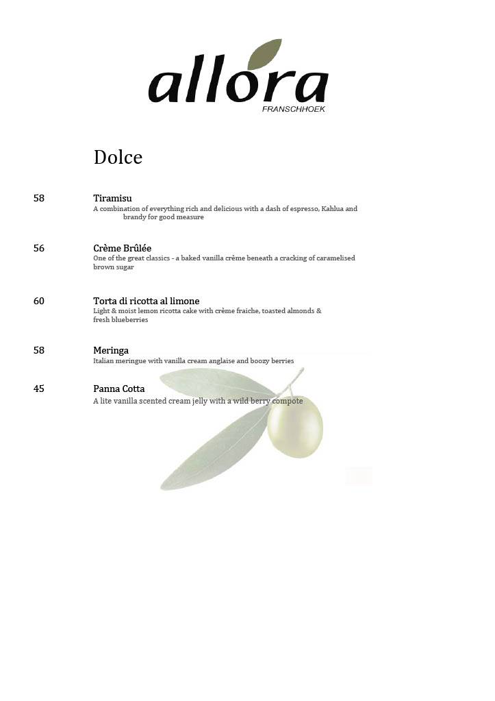 Menu at Allora | Franschhoek restaurant, Franschhoek