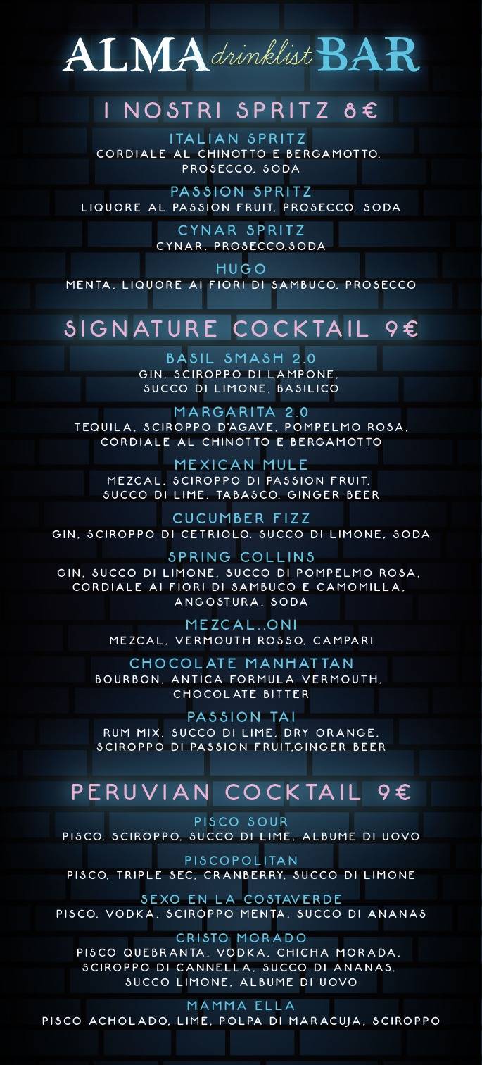 Menu da Alma Bar Roma, Roma