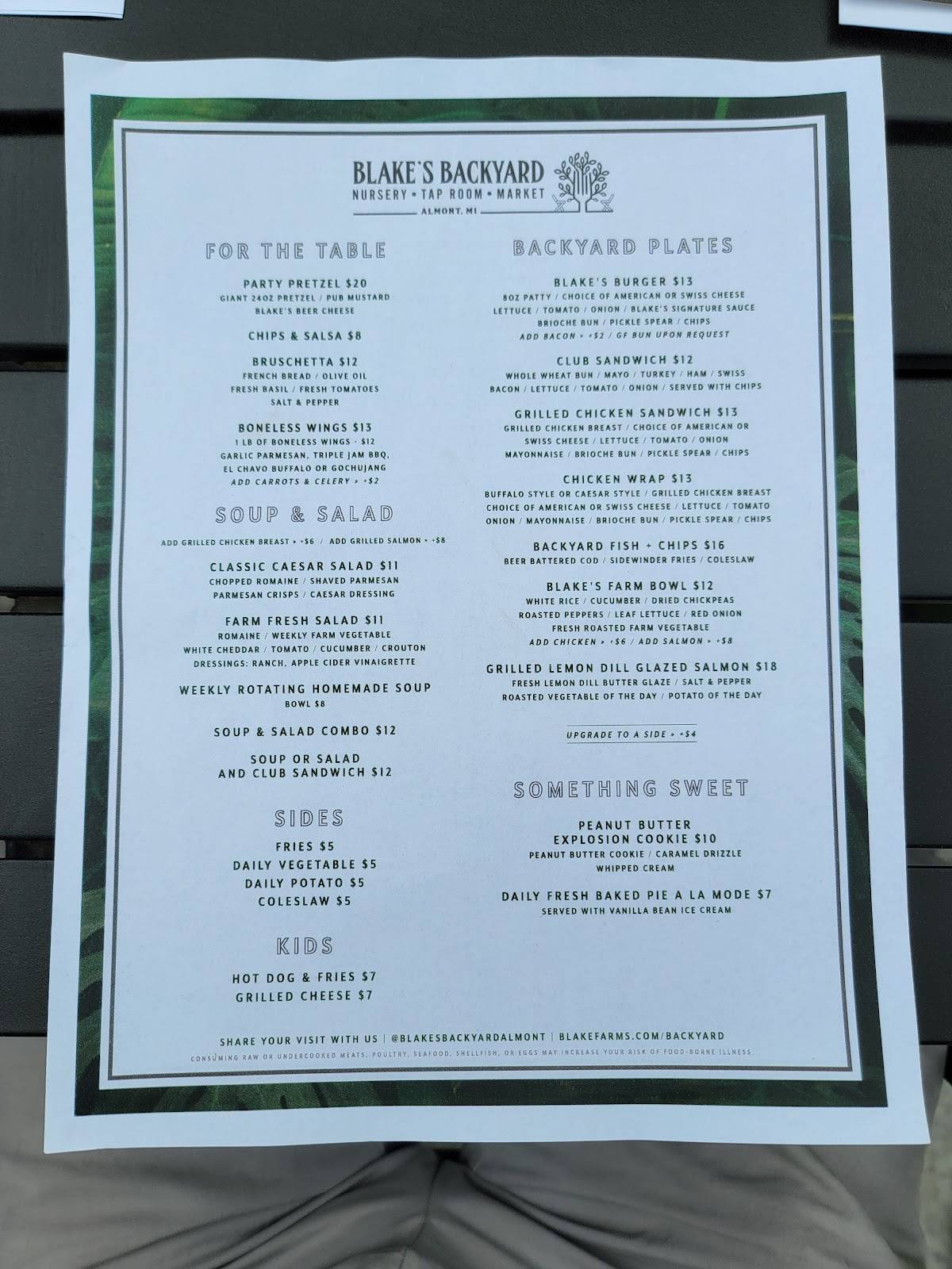 Menu at Blake's Backyard restaurant, Almont