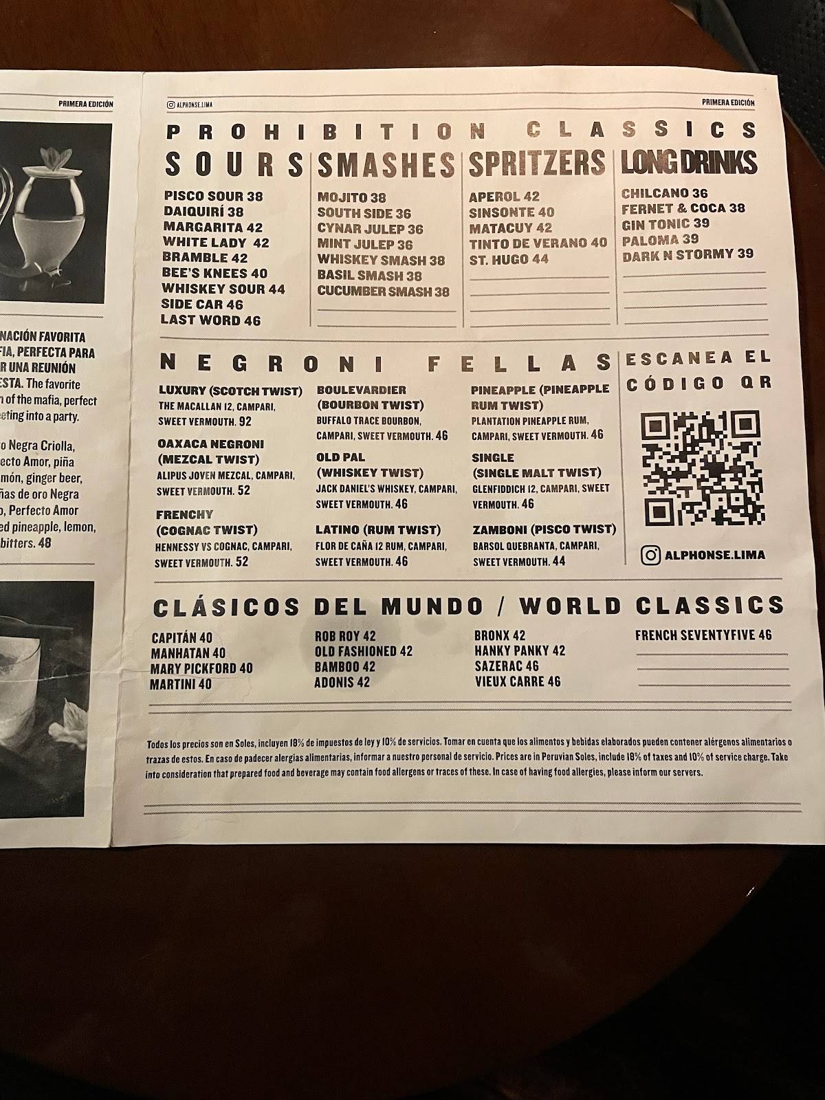 Carta de Alphonse Bar, San Isidro