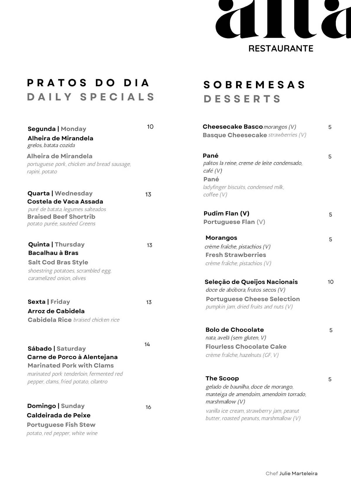 Menu at Alta Restaurante, Lourinhã