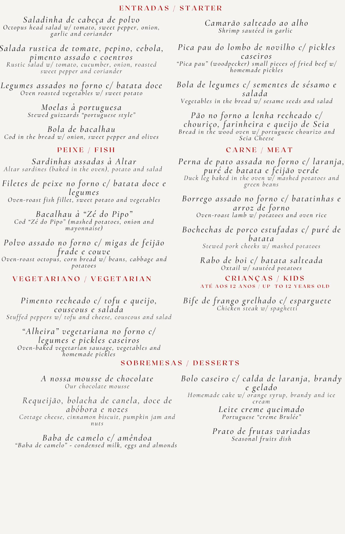 Menu at Altar restaurant, Lisbon