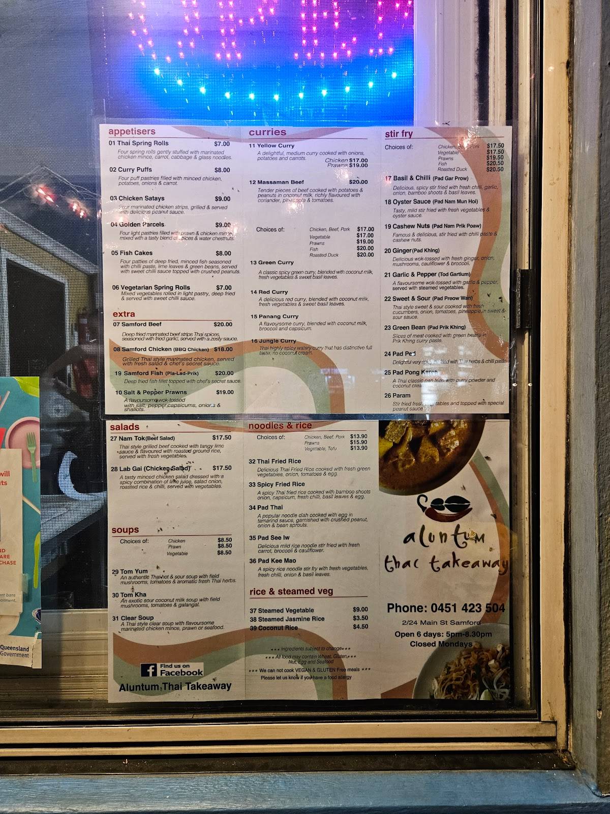 Menu at Aluntum Thai Take Away fast food, Samford Village