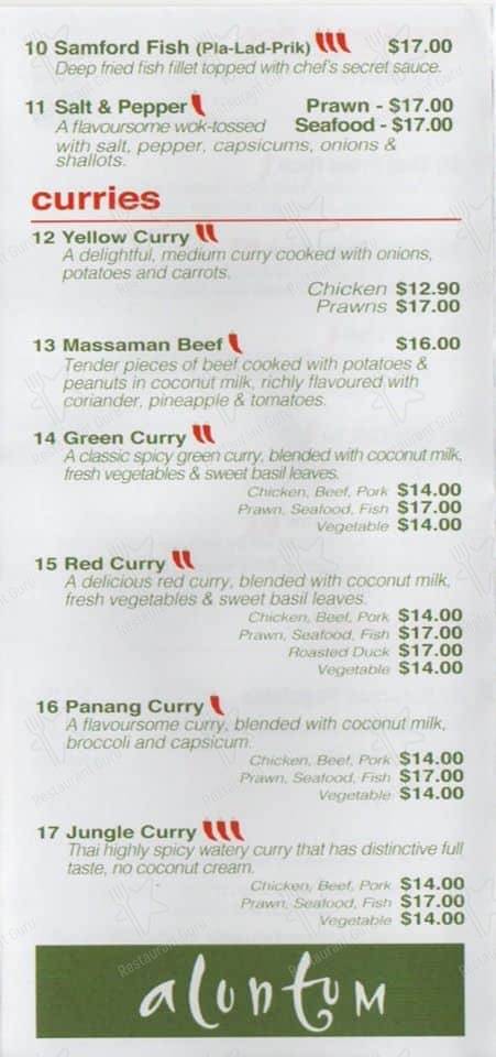 Menu at Aluntum Thai Take Away fast food, Samford Village