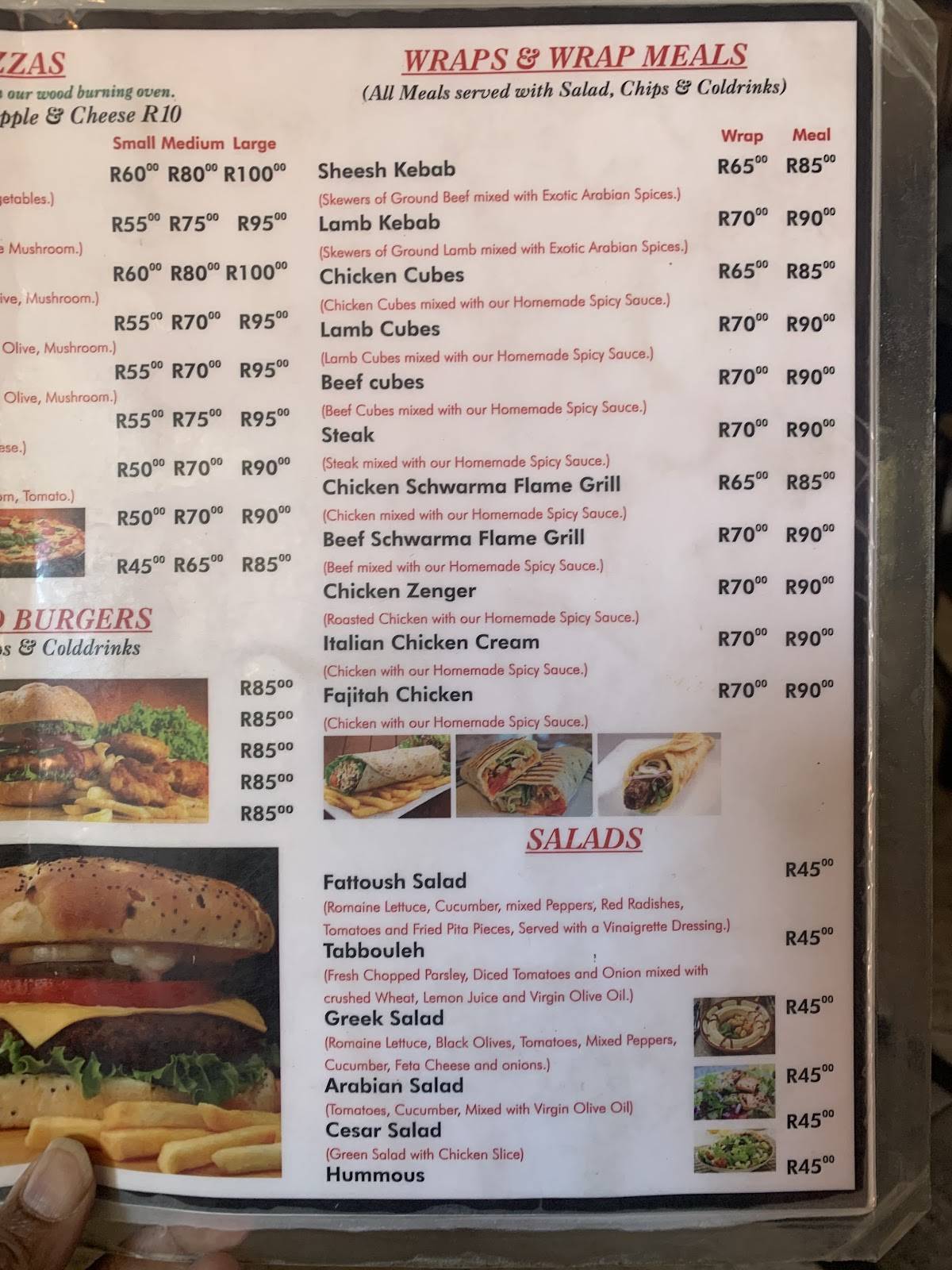 Menu at Amman Restaurant, Johannesburg