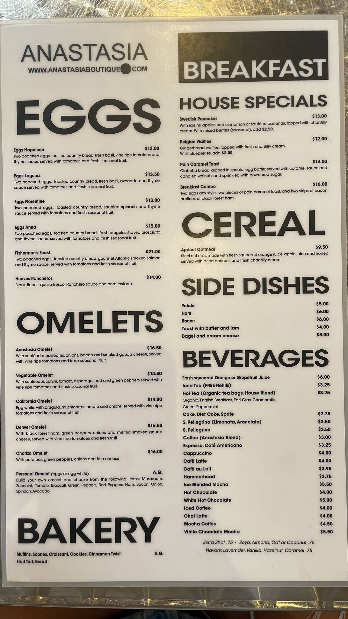 Menu at Anastasia Cafe, Laguna Beach