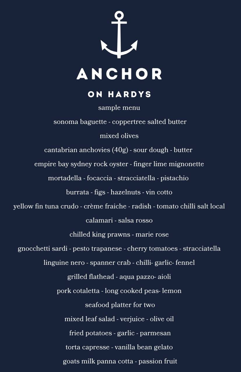 Menu at Anchor on Hardys Bay restaurant, Hardys Bay