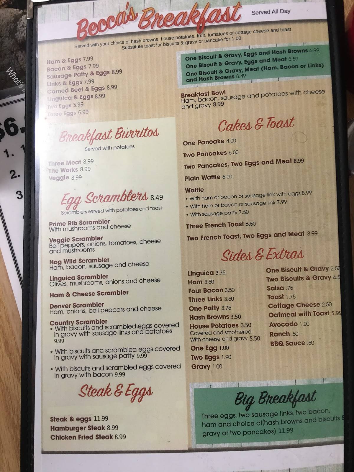 Menu at Becca's Cafe, Anderson