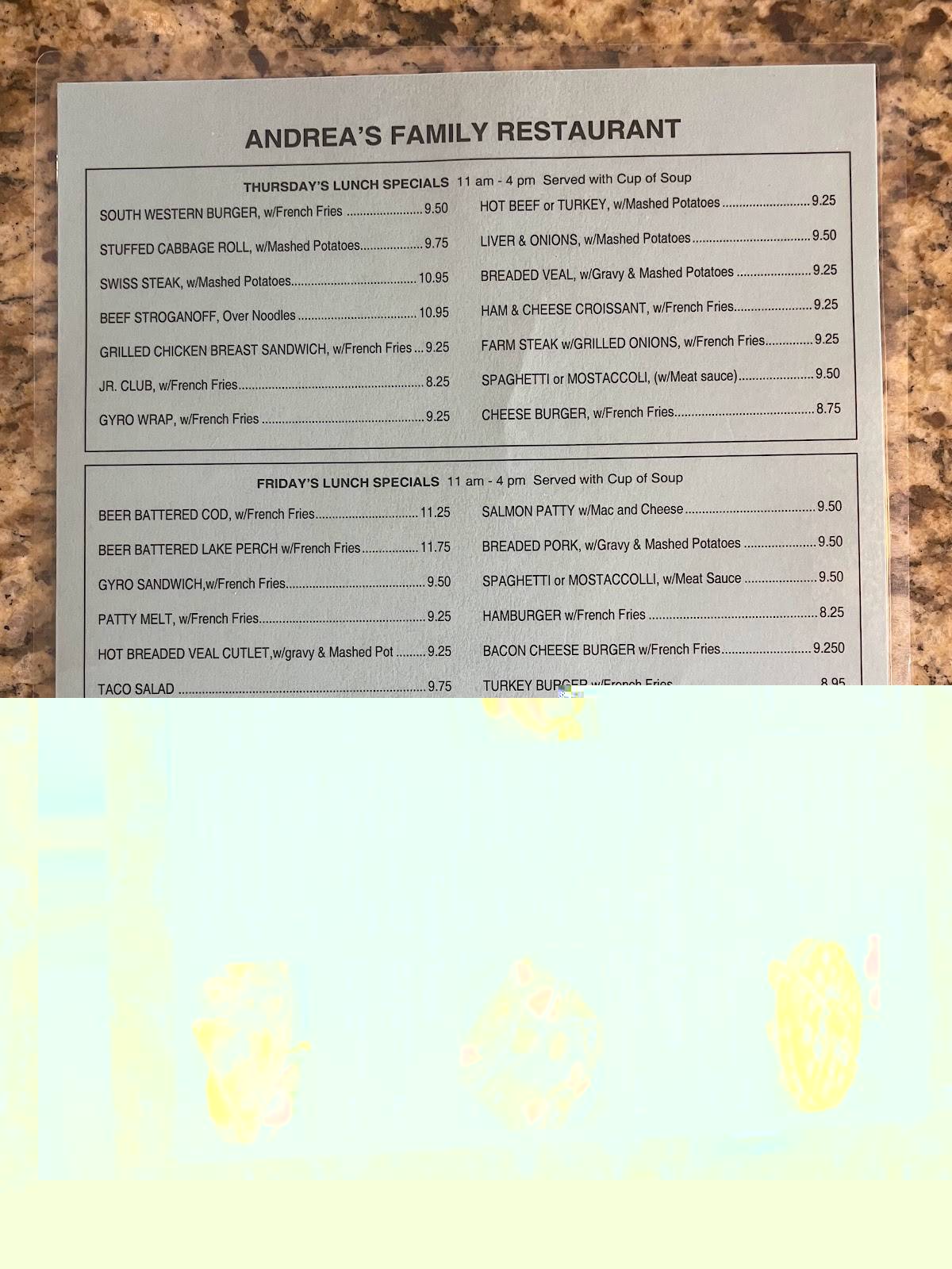 Menu at Andrea’s Family Restaurant, Cudahy