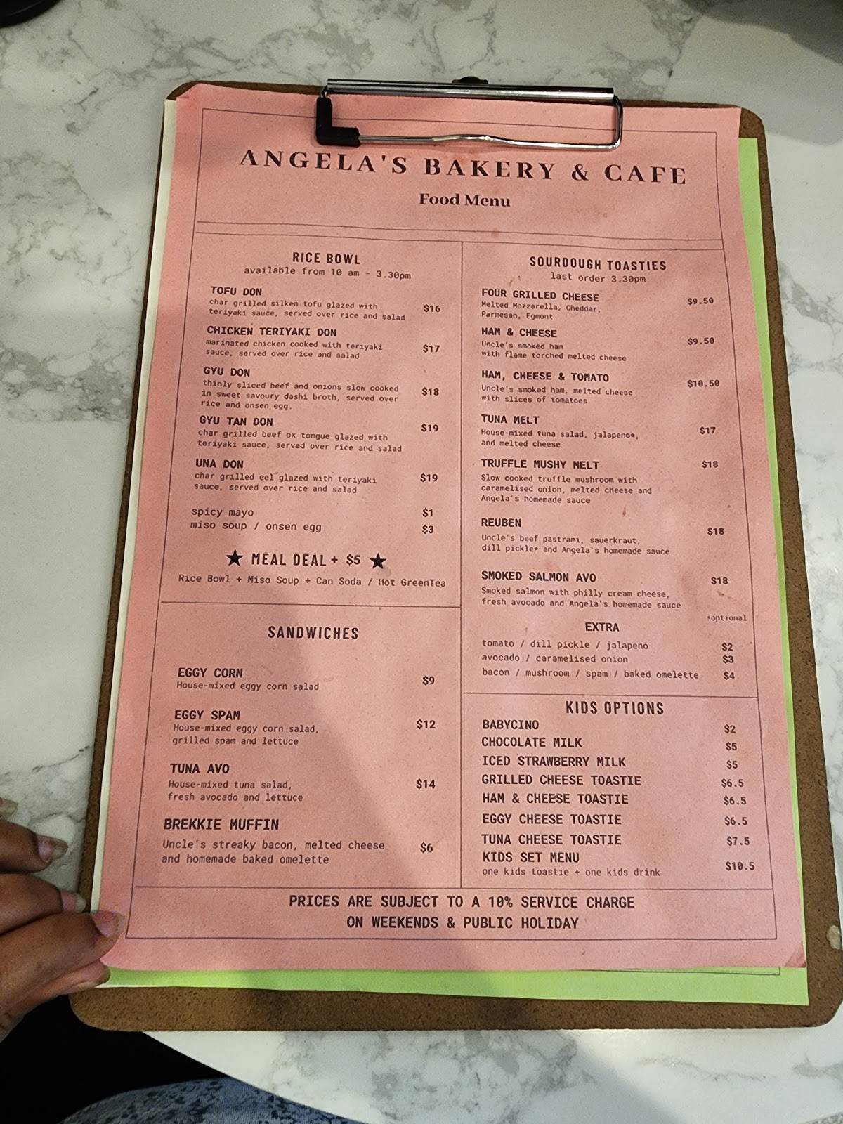 Menu at Angela’s Bakery, Huntingdale