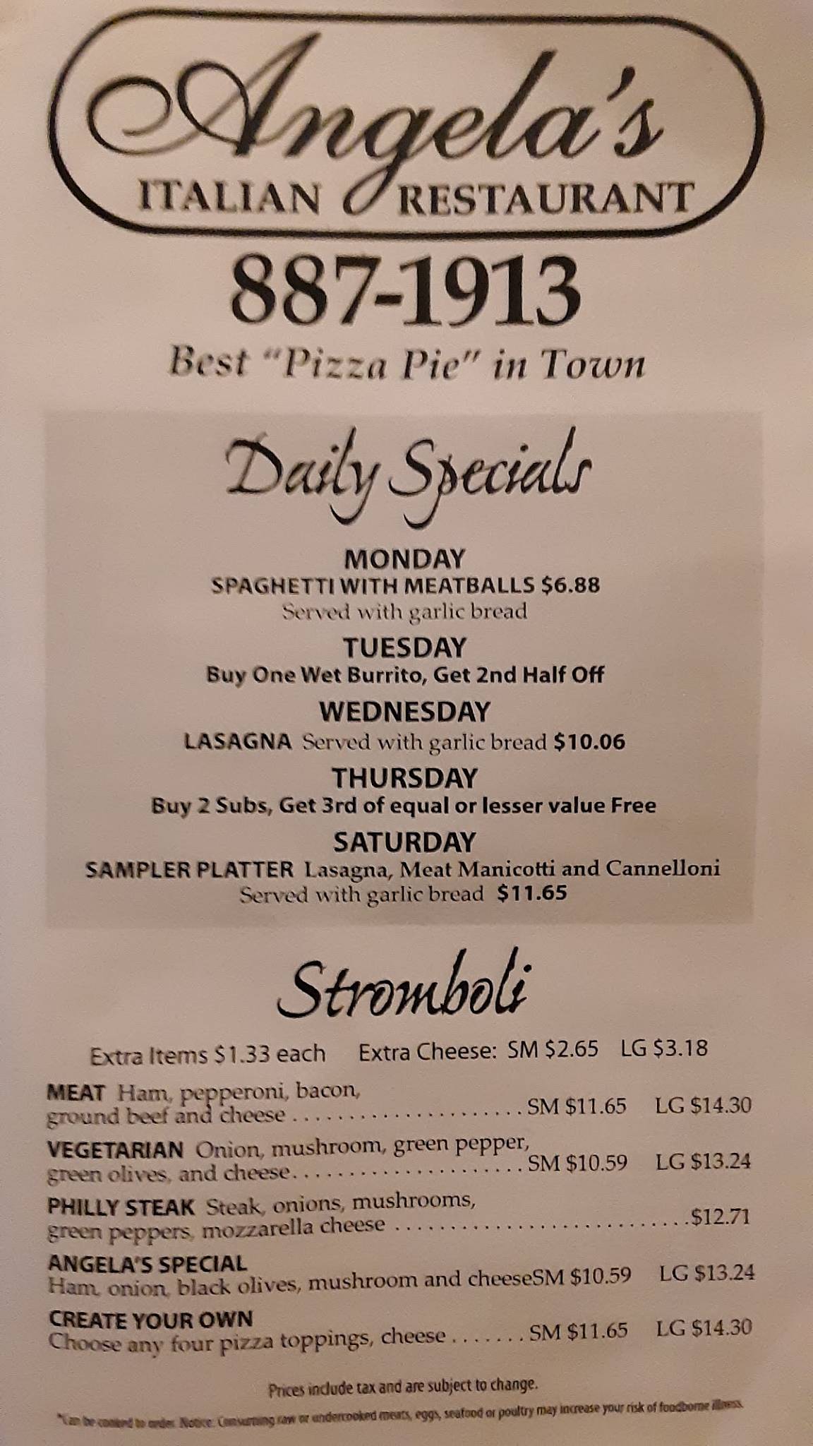 Menu at Angela's Italian Restaurant, Sparta