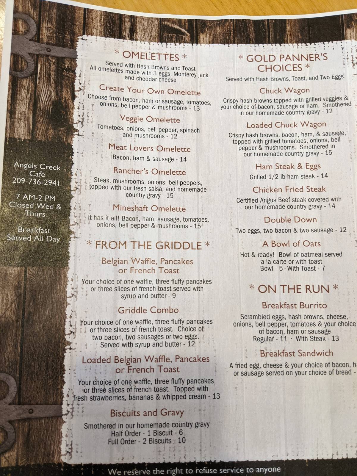 Menu at Angels Creek Café restaurant, Angels Camp, S Main St