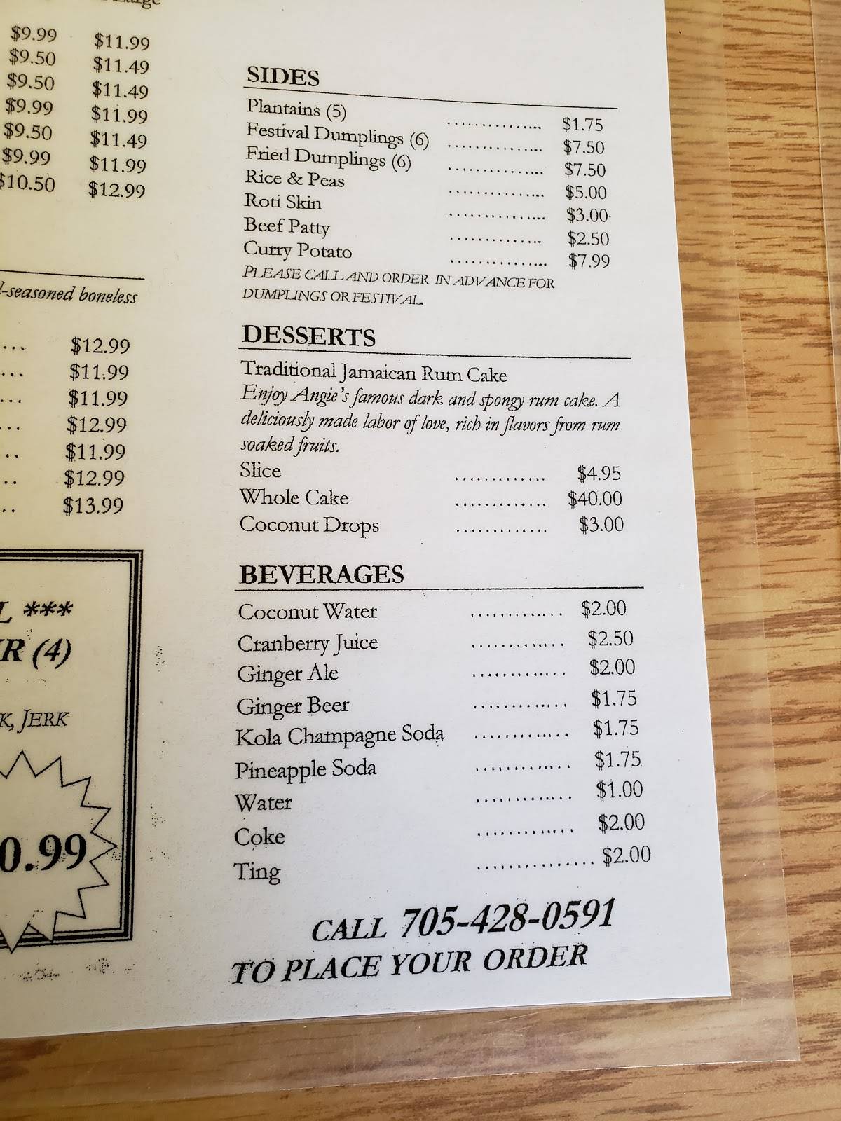 Menu at Angie's Place Canadian Caribbean Eatery restaurant, Stayner