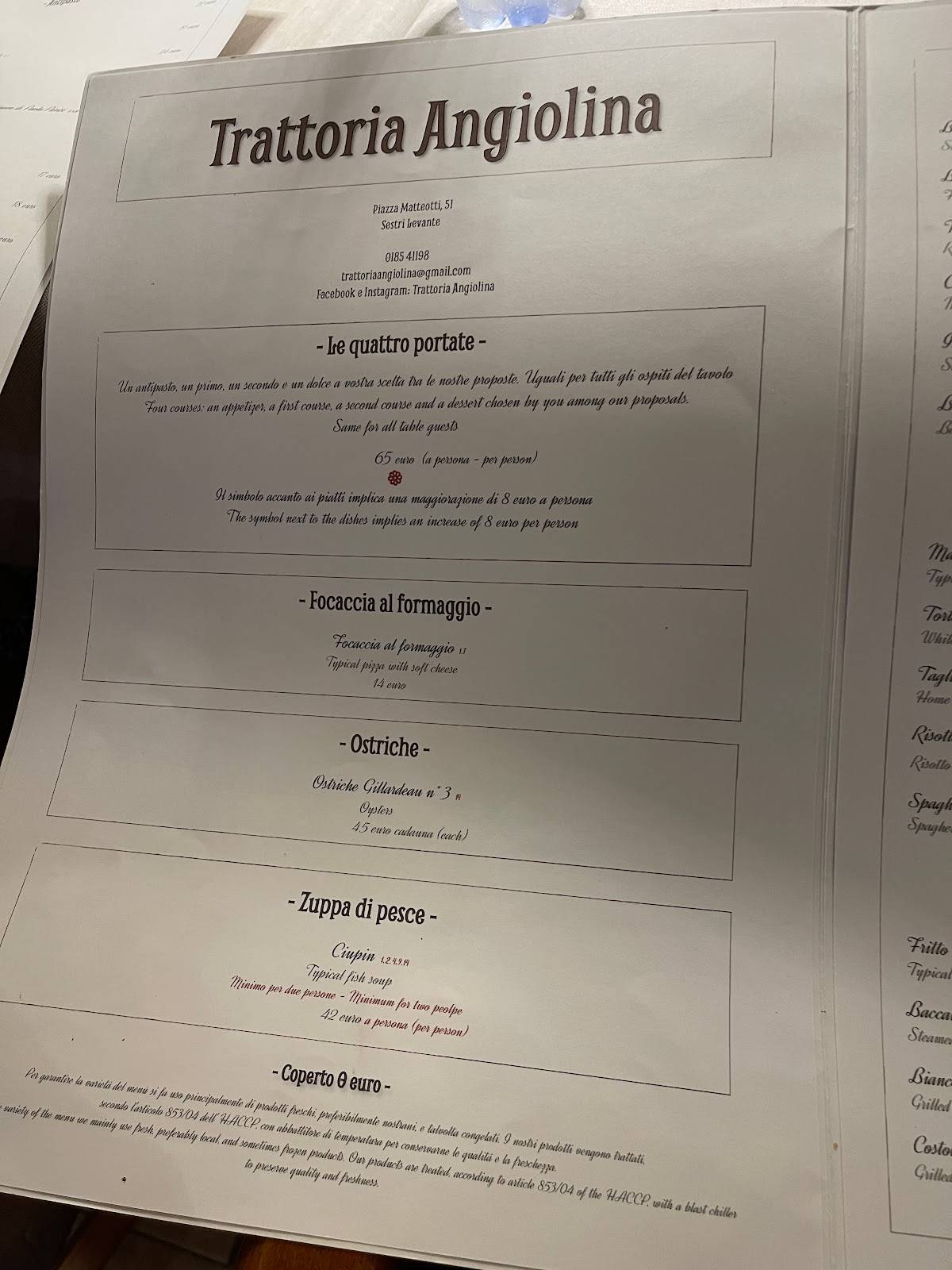 Menu at Angiolina Restaurant, Sestri Levante
