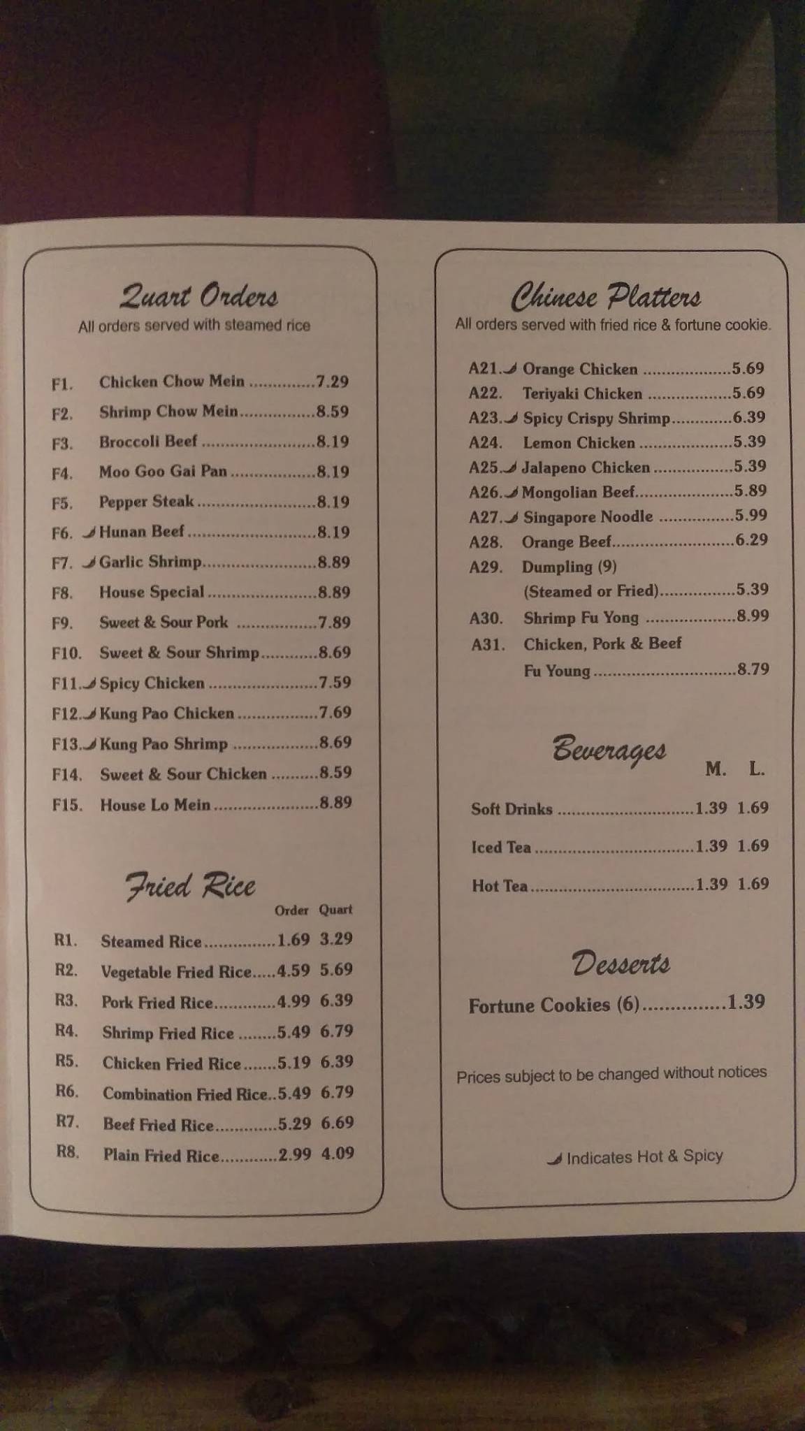 Menu at Chinese Wok restaurant, Angleton